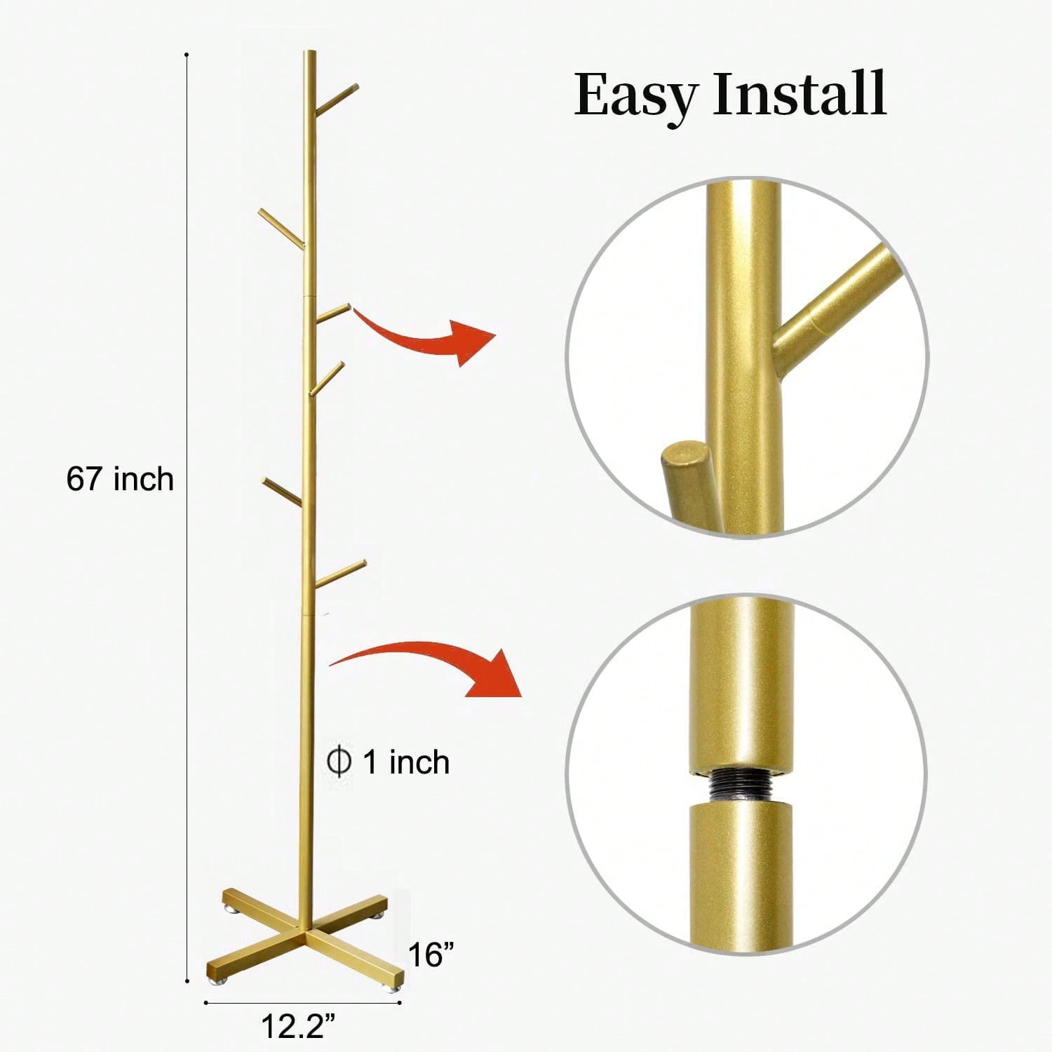 "Gold Metal Coat Rack Tree - 68" Freestanding Clothes Hanger | Modern ...