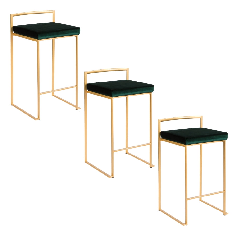 Gold Metal Counter Stools Green Velvet Cushions 26” Height 3-Piece Set ...