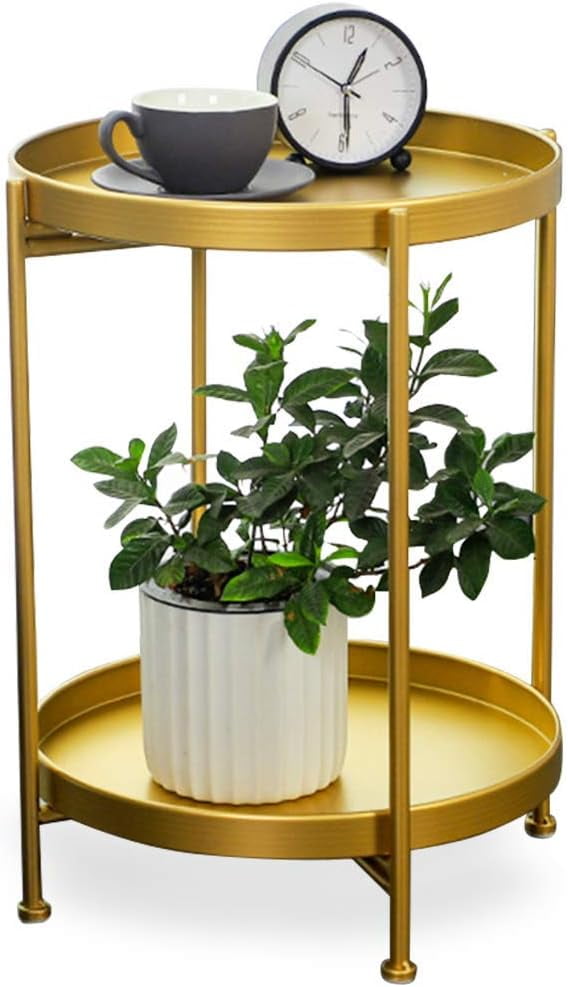 Gold Metal End Table, 2-Tier Circle Side Table with Removable Tray ...
