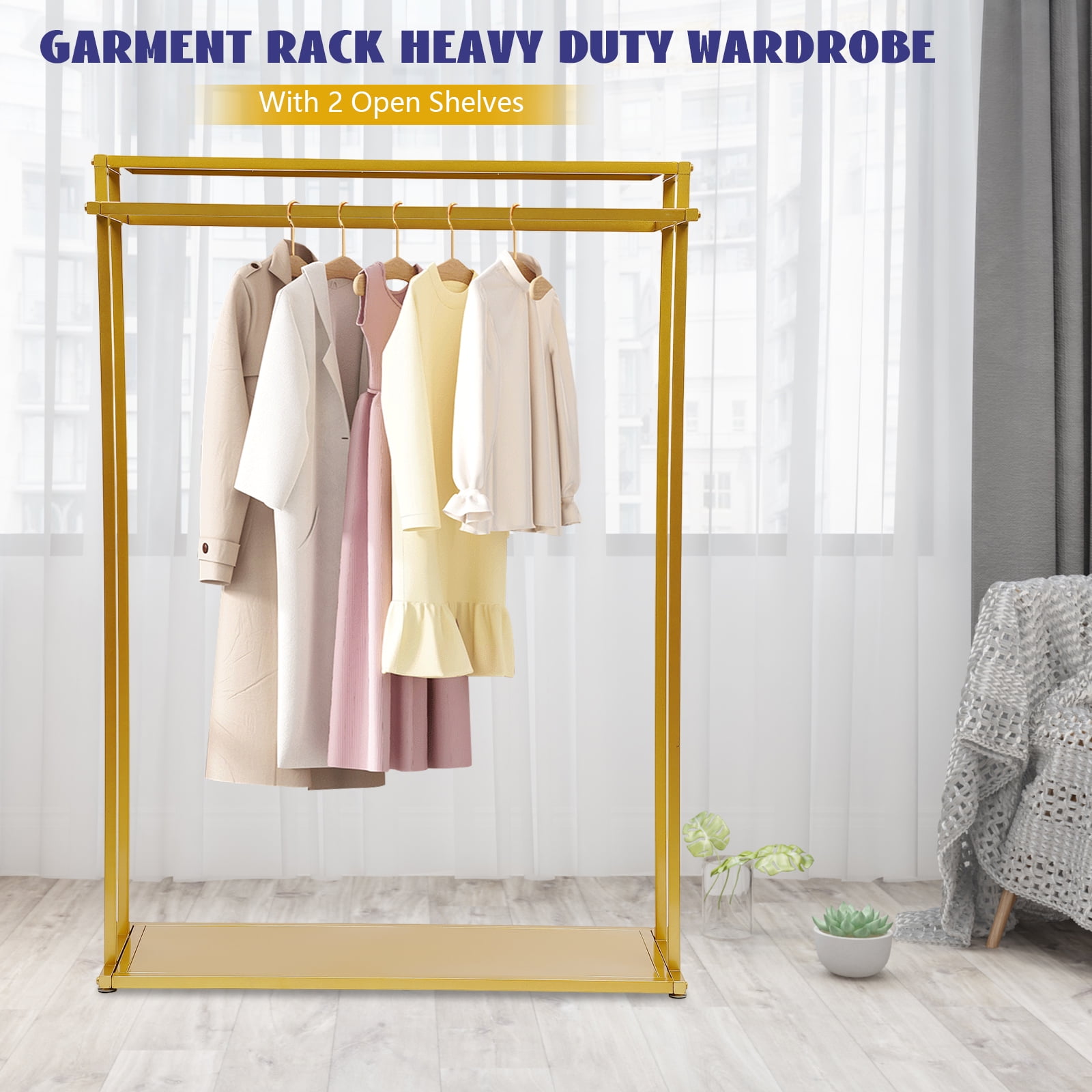 Gold Metal Freestanding Clothes Rack with Double Shelves - Industrial ...