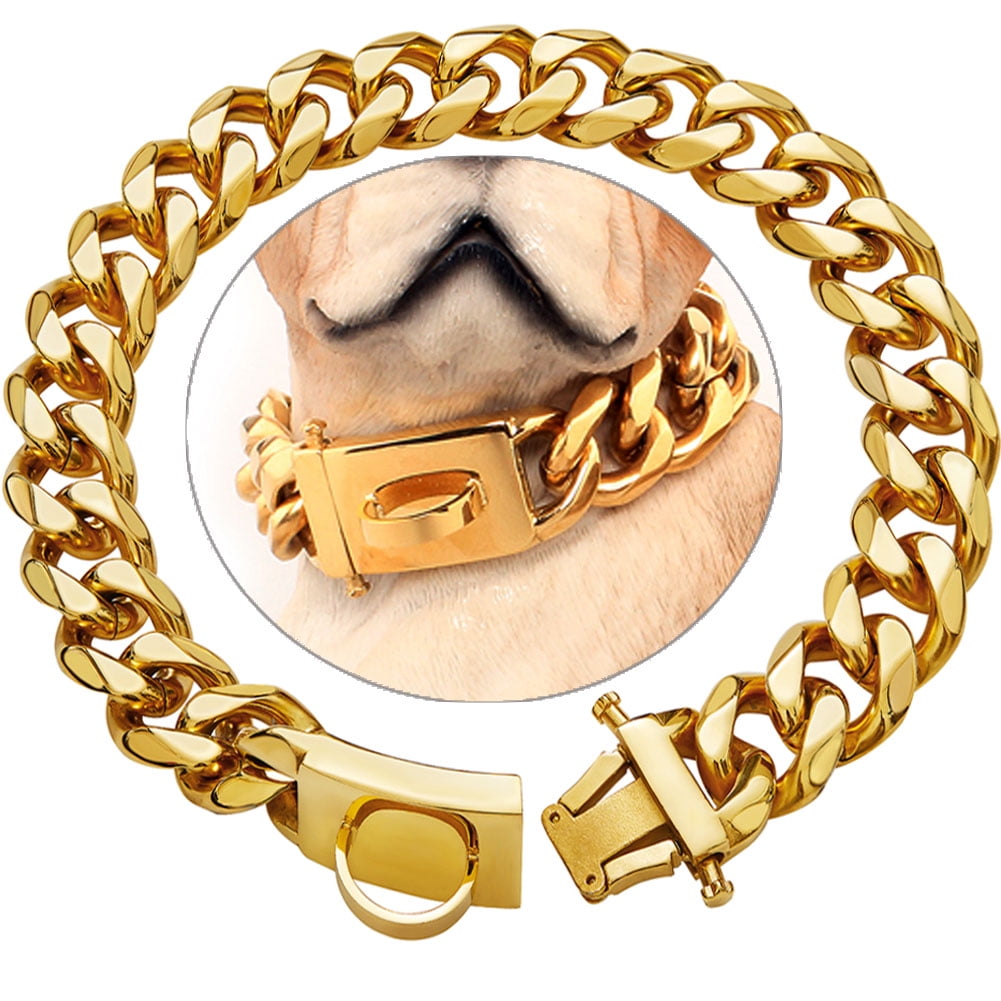 Gold Metal Pets Dogs Collar 19mm Cuban Chain for Medium Large American ...