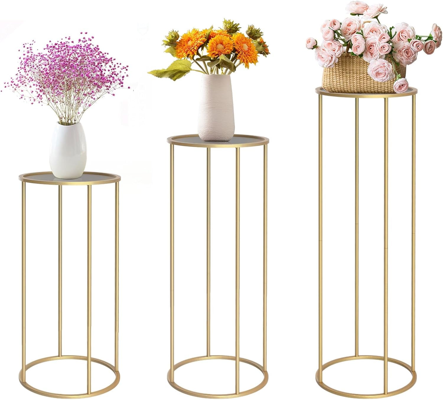 Gold Metal Plant Stand, 3 Pcs Tall Cylinder Pedestal Stands for Parties ...