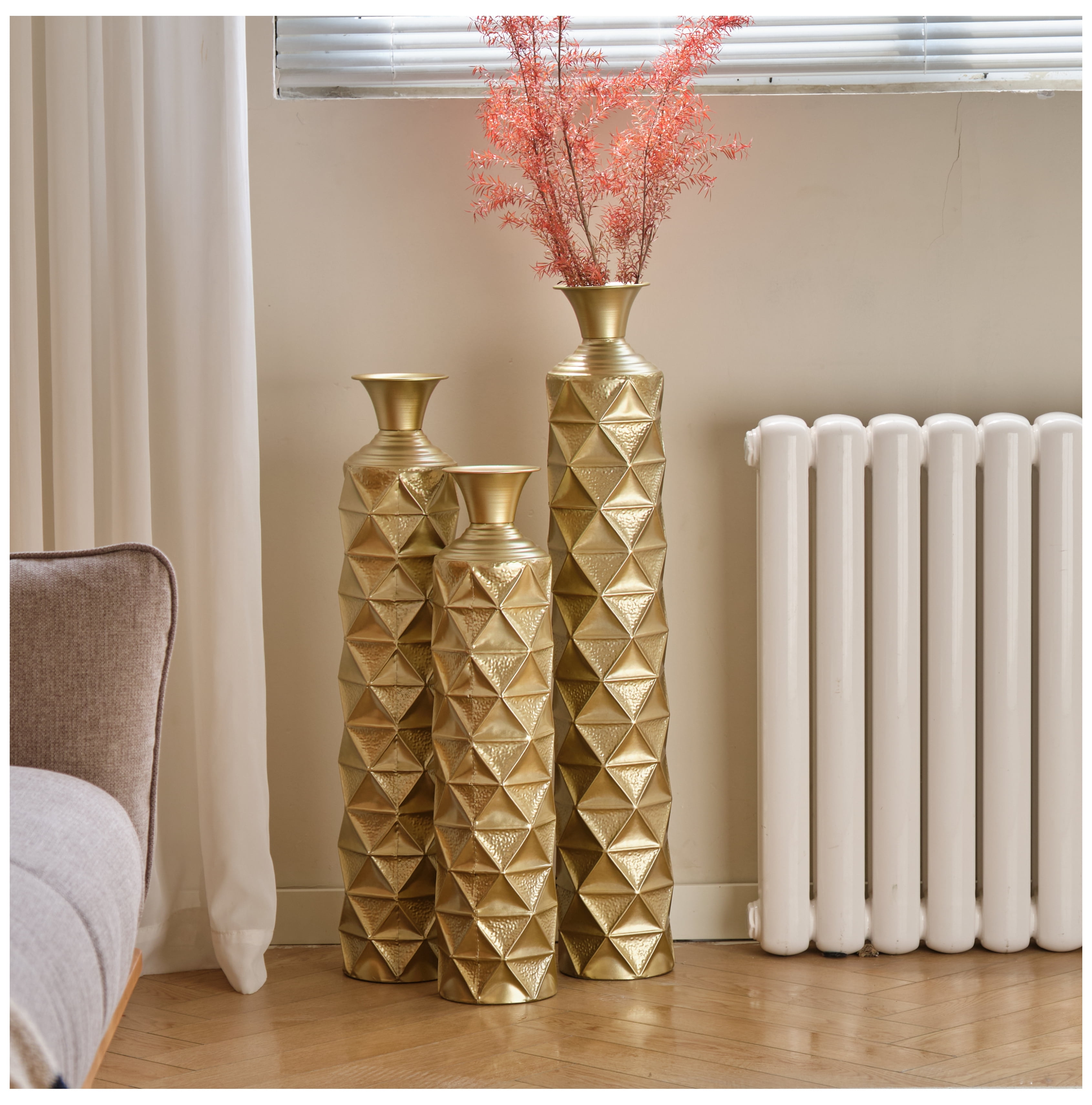 Gold Metal Vases for Home Decor - Set of 3 Tall Geometric Cylinder ...