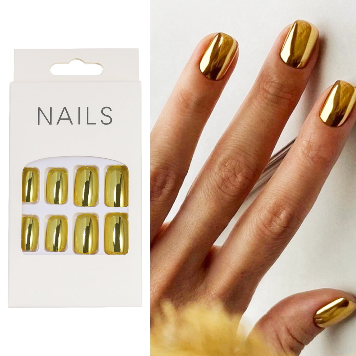 Gold Metallic Gold Press On Nails Short Square Silver Fake Nails ...