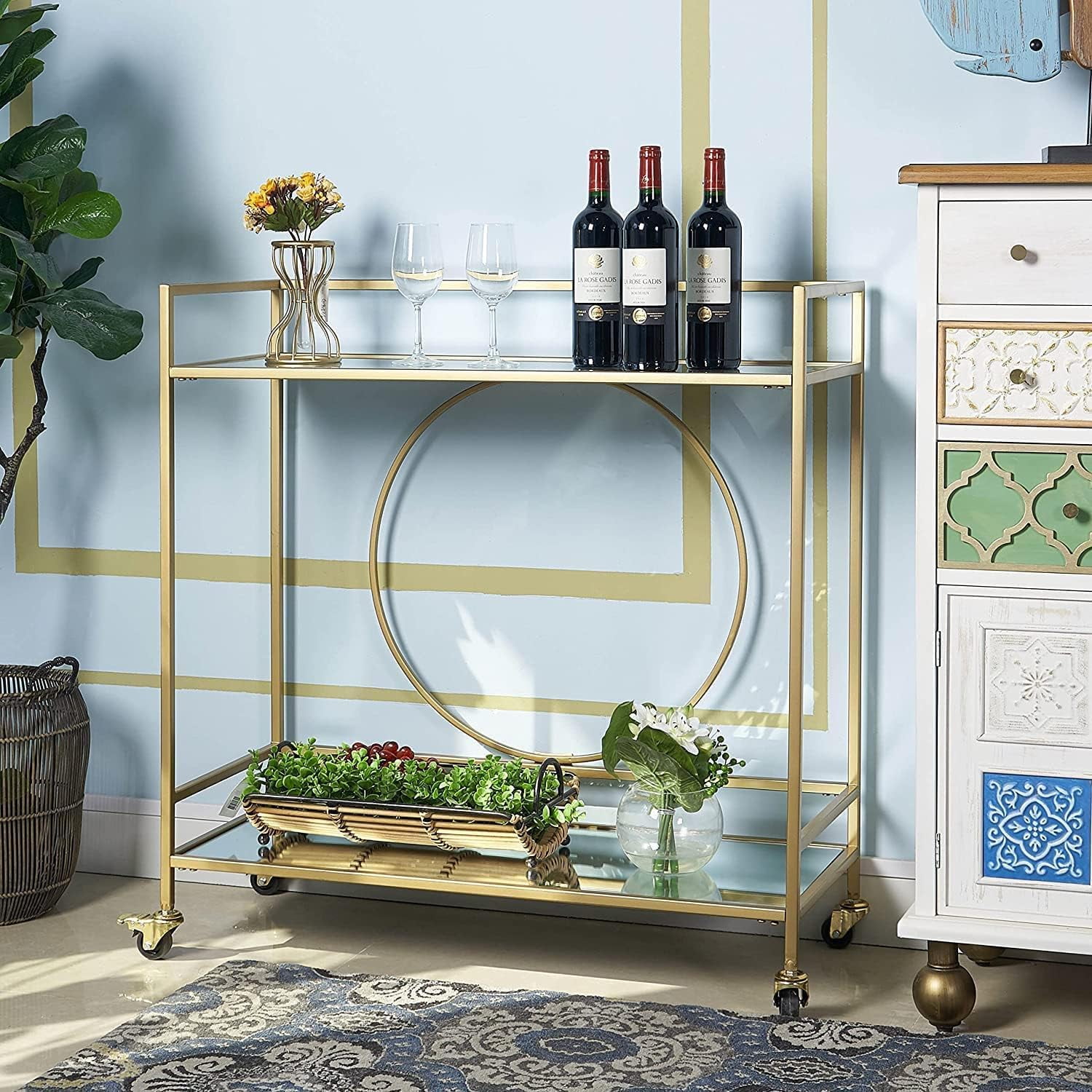 Gold Mirror Rolling Serving Bar Cart on Lockable Wheels Wine Drink ...