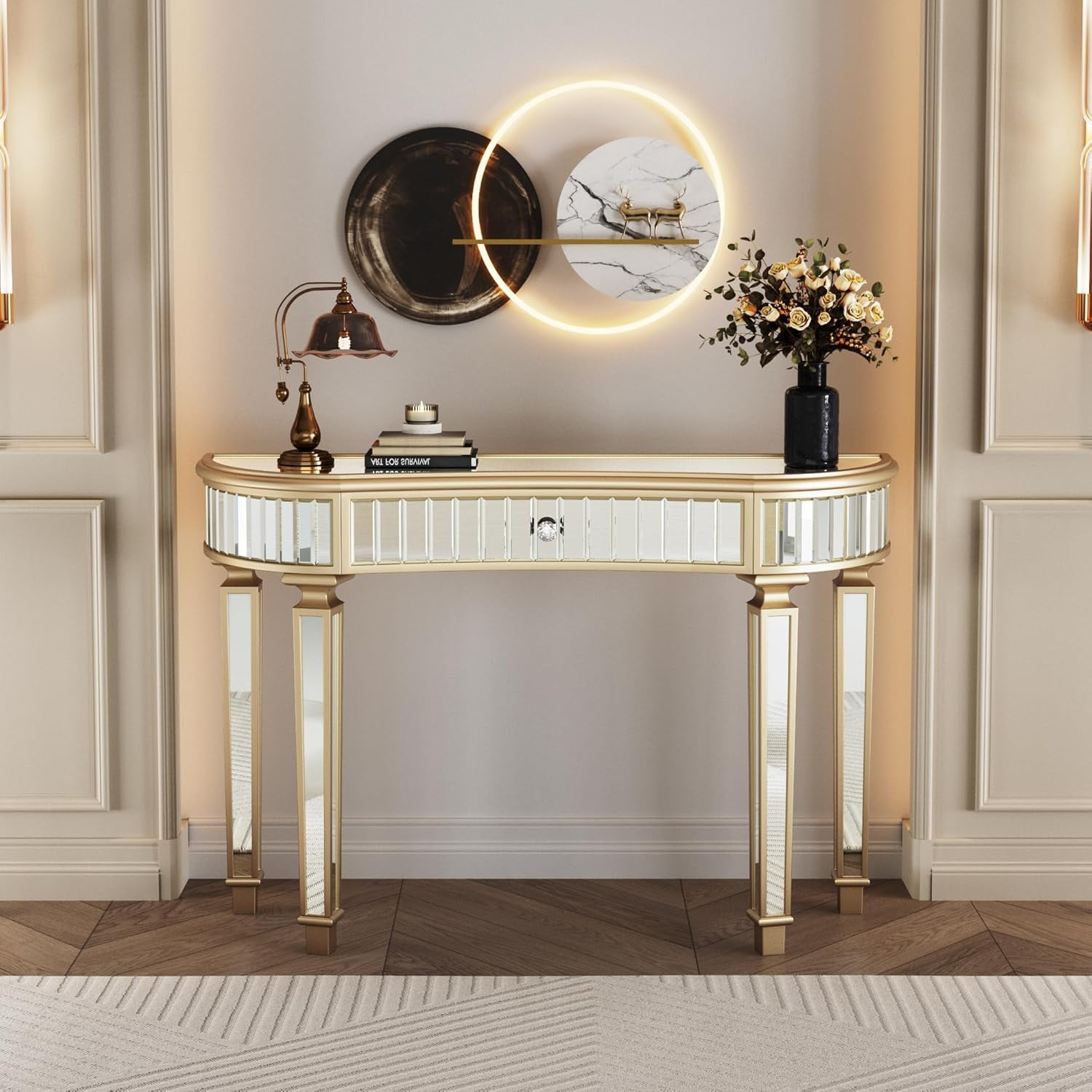 Gold Mirrored Console Table, 47" Half-Moon Sofa Table with with Fluted ...