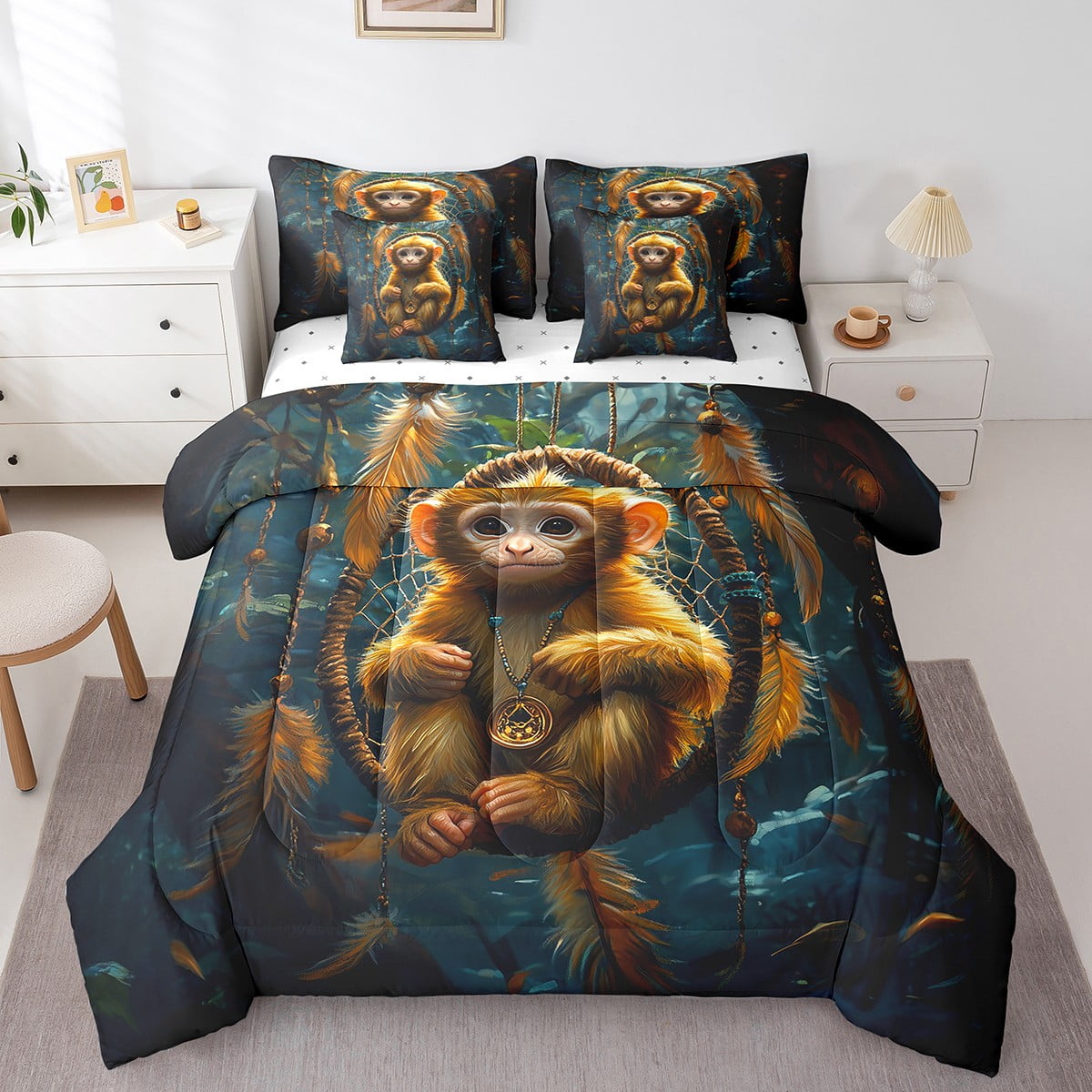 Gold Monkey Bed in a Bag Queen Comforter Set 7 Piece,Dream Catchers ...