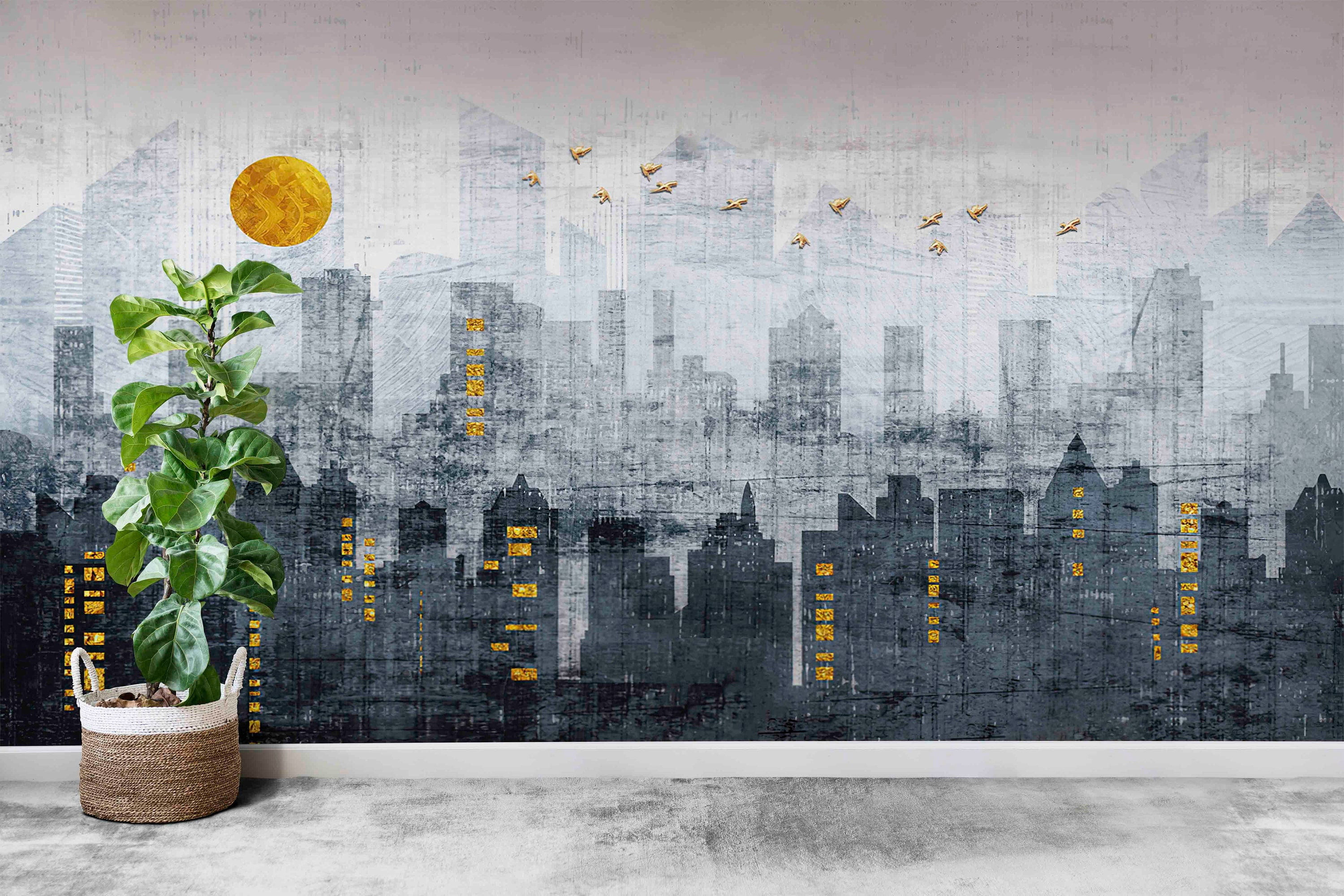 Gold Moon Wall Painting, 3d Wallpaper, Modern City Landscape Mural ...