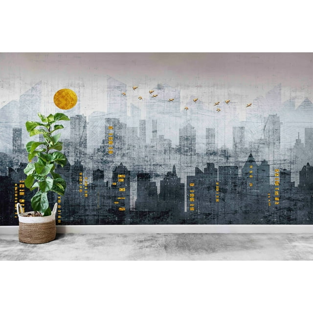 Gold Moon Wall Painting, 3d Wallpaper, Modern City Landscape Mural ...