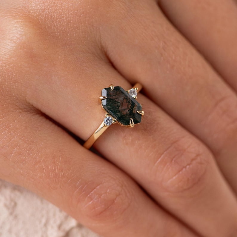 Gold Moss Agate Proposal Ring Set, Unique Gift Matching Women Ring ...