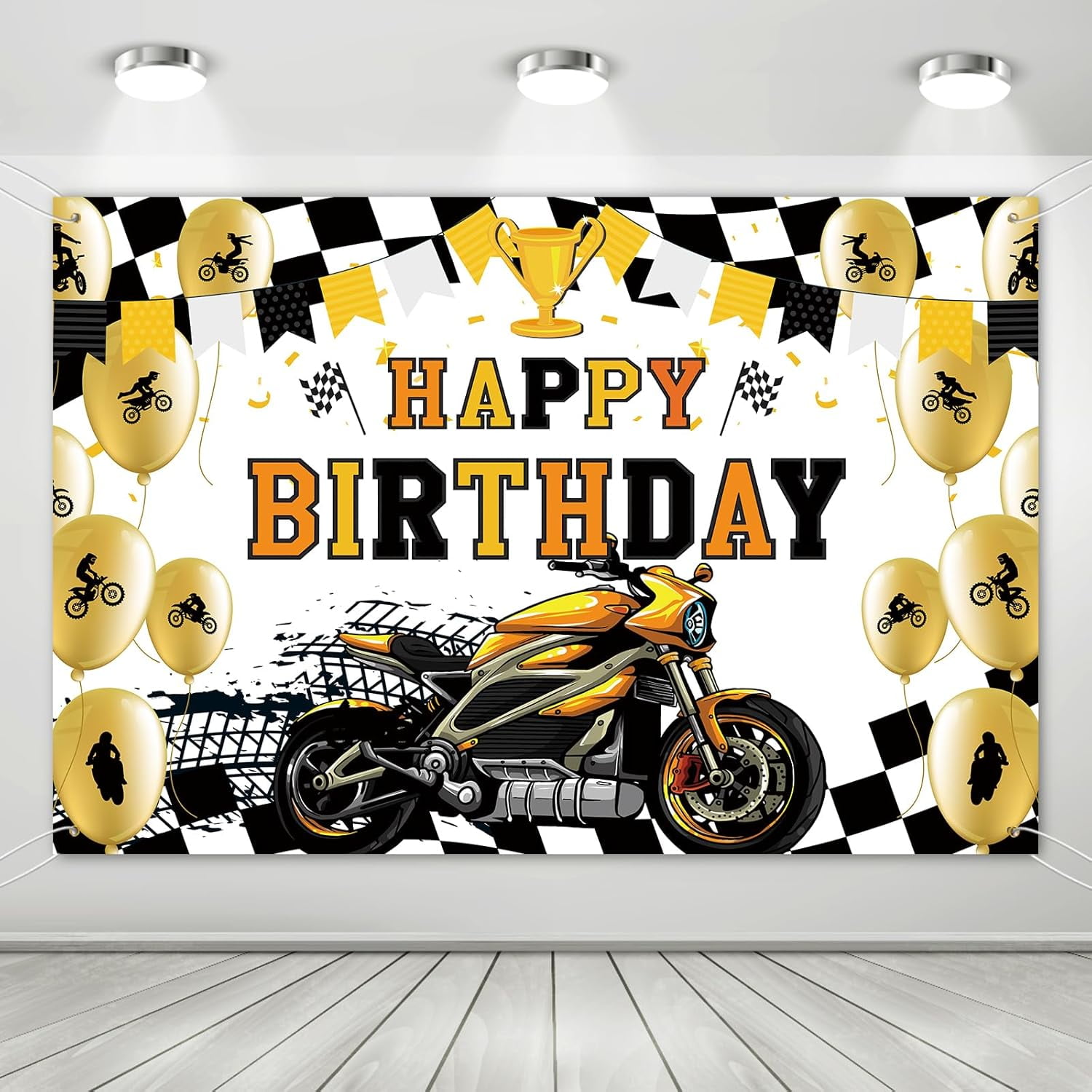 Gold Motorcycle Happy Birthday Party Backdrop,Boy Motocross Racing ...