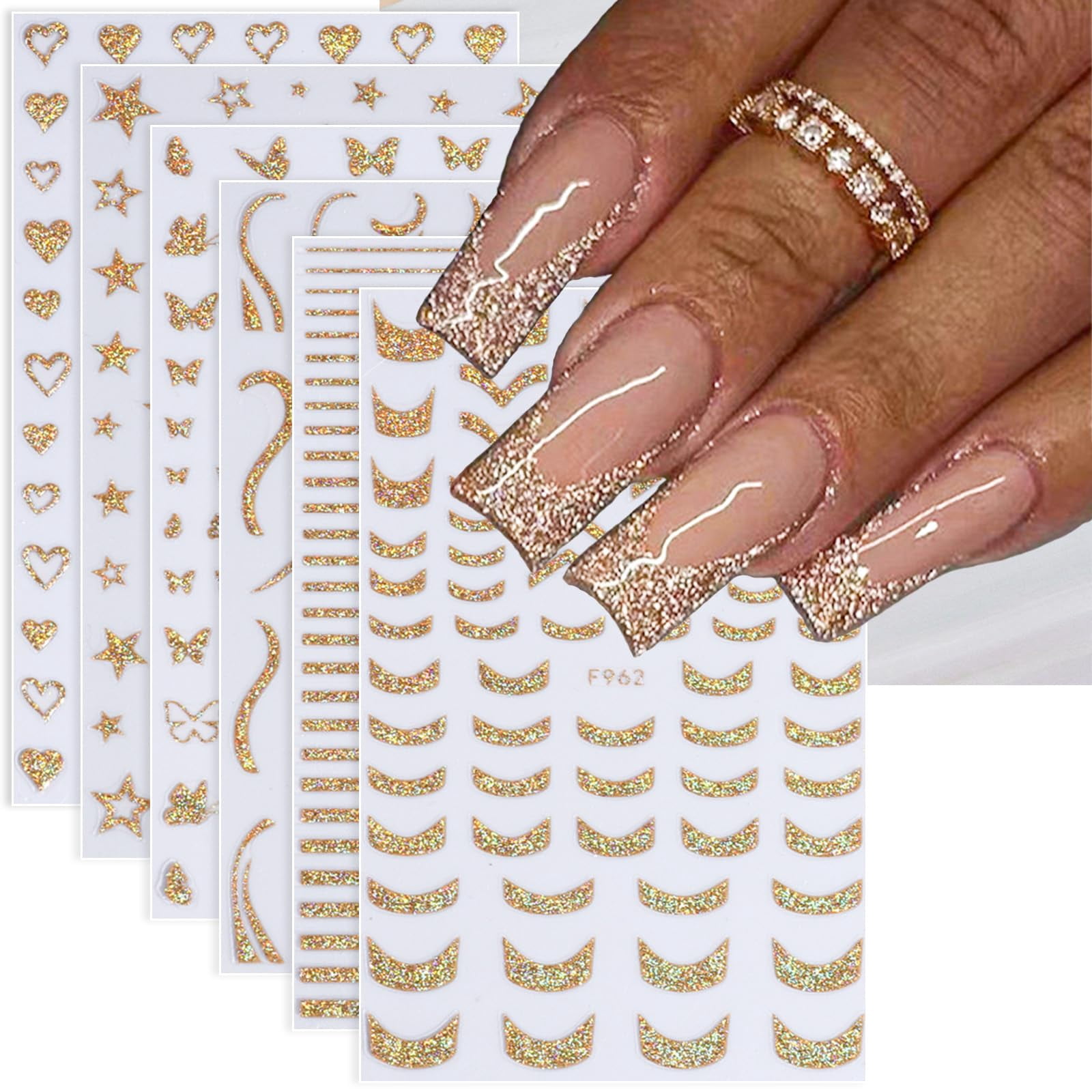 Gold Nail Art Stickers 3D Self-Adhesive Nail Decals French Glitter Line ...