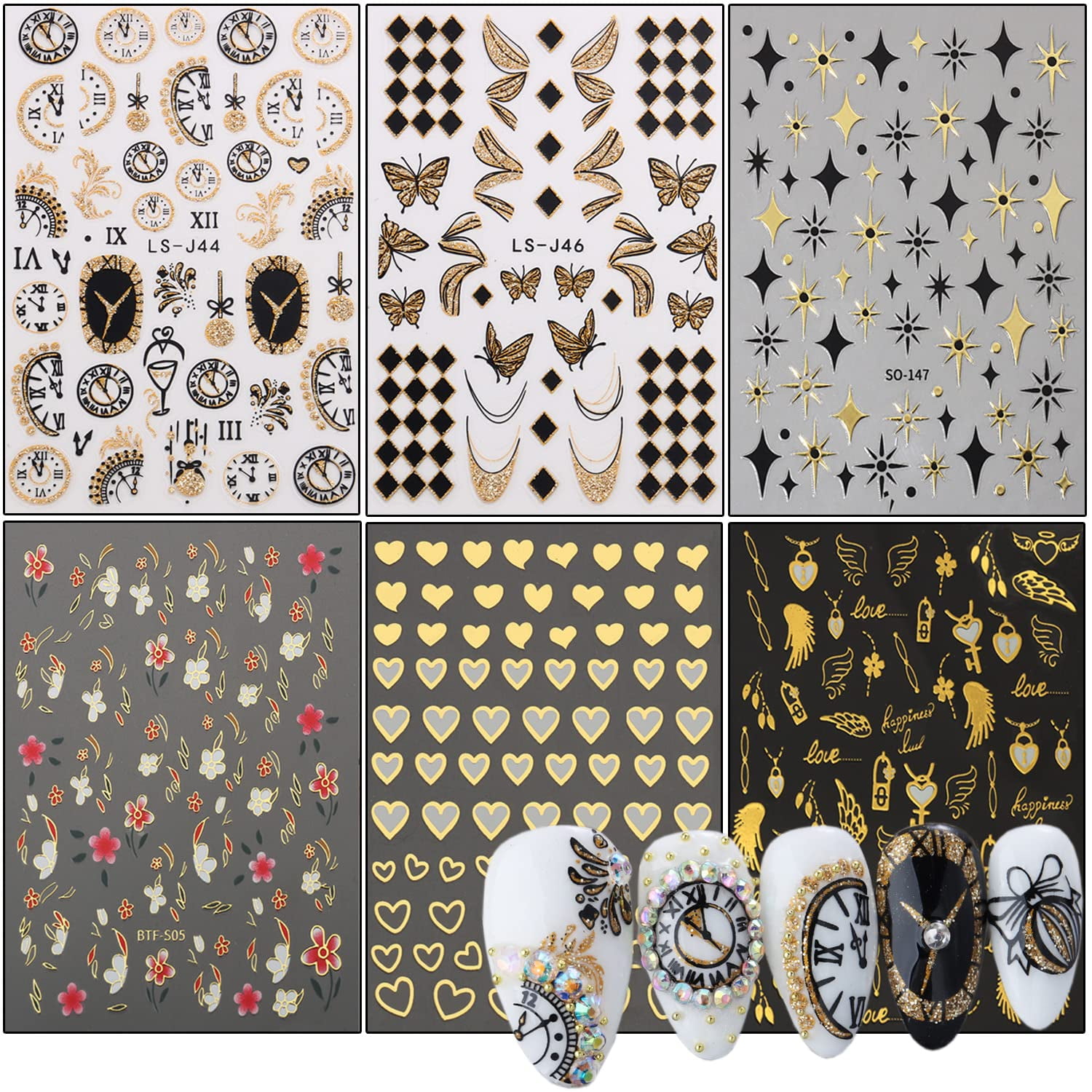 Gold Nail Art Stickers TMA2 Decals, Clocks Watches Flowers Love Heart ...