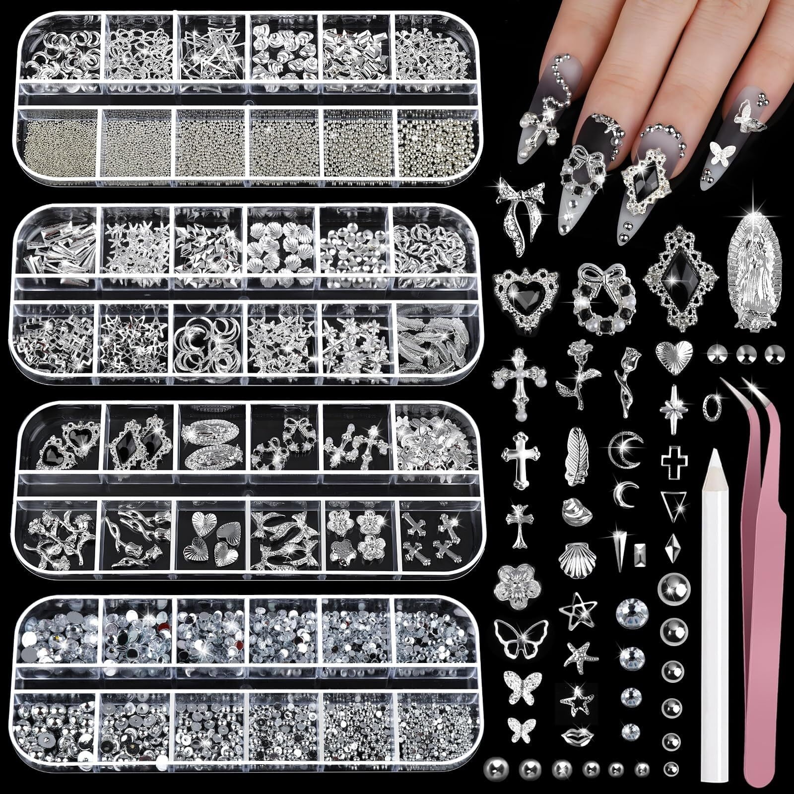 Gold Nail Charms and Gems Set, 4 Boxes Nail Gems Nail Pearls Nail Art ...