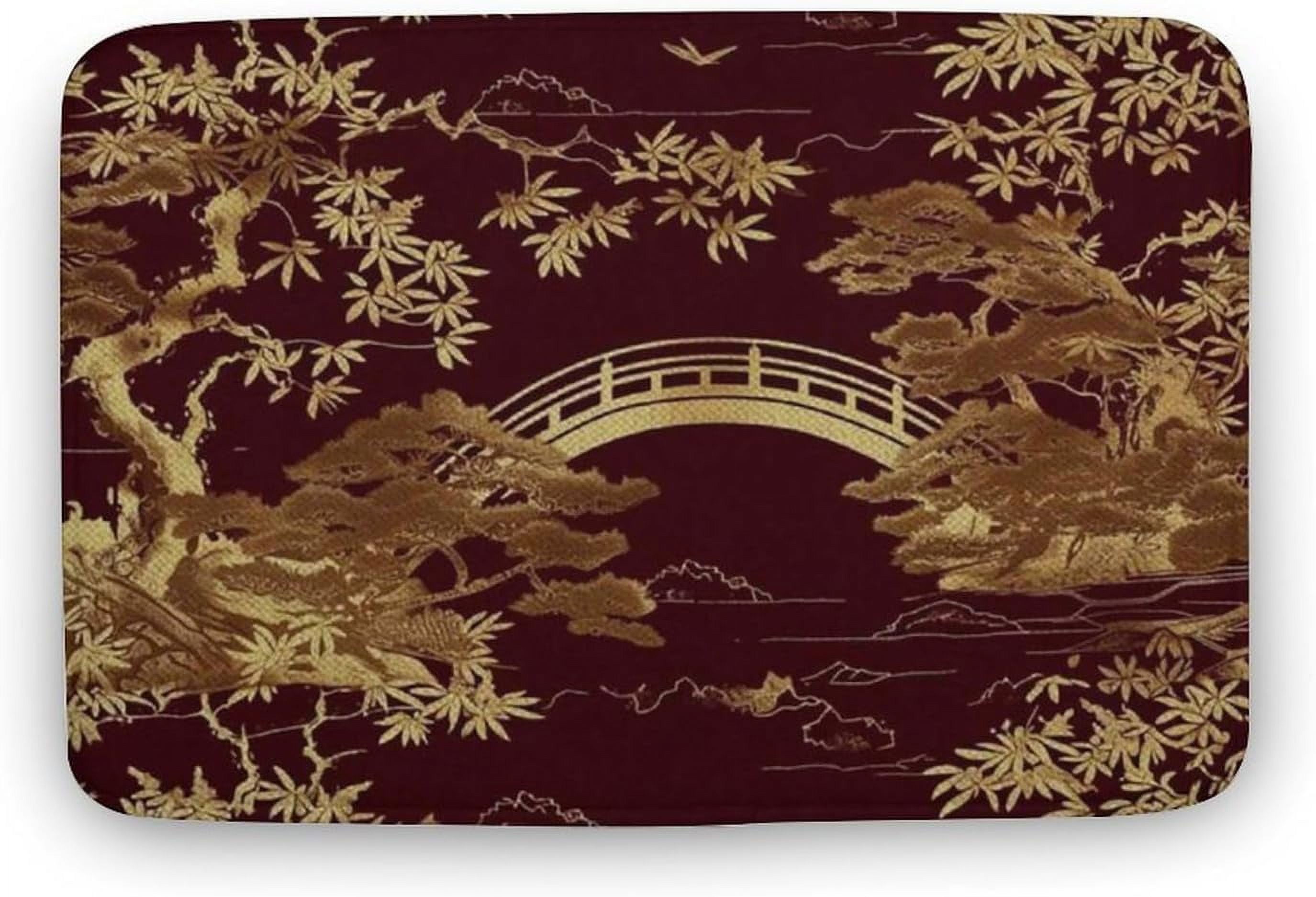 Gold Nature Sketch On Maroon Rug Red Chinoiserie Area Rugs Dark Red and ...