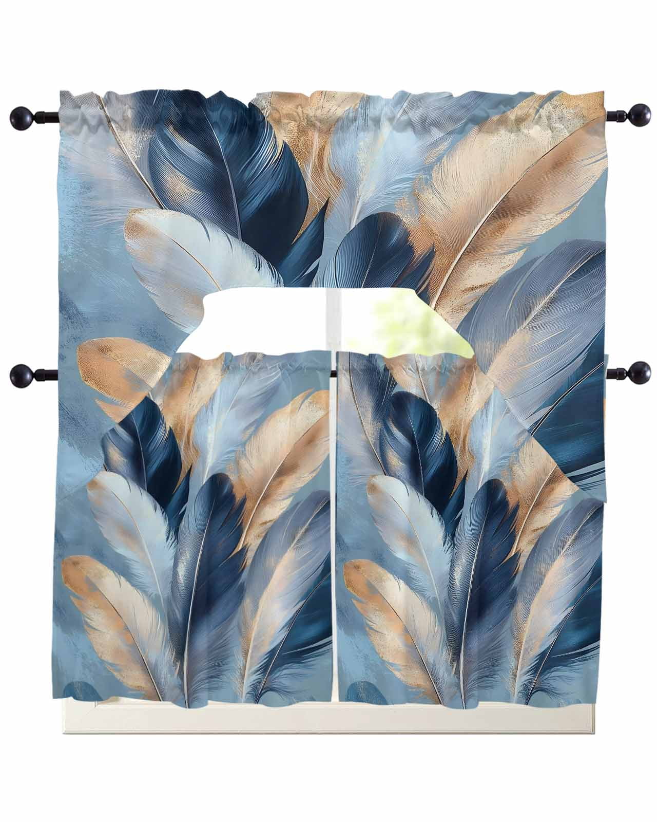 Gold Navy Feather Swag Valance and Tier Curtains Set Oil Painting ...