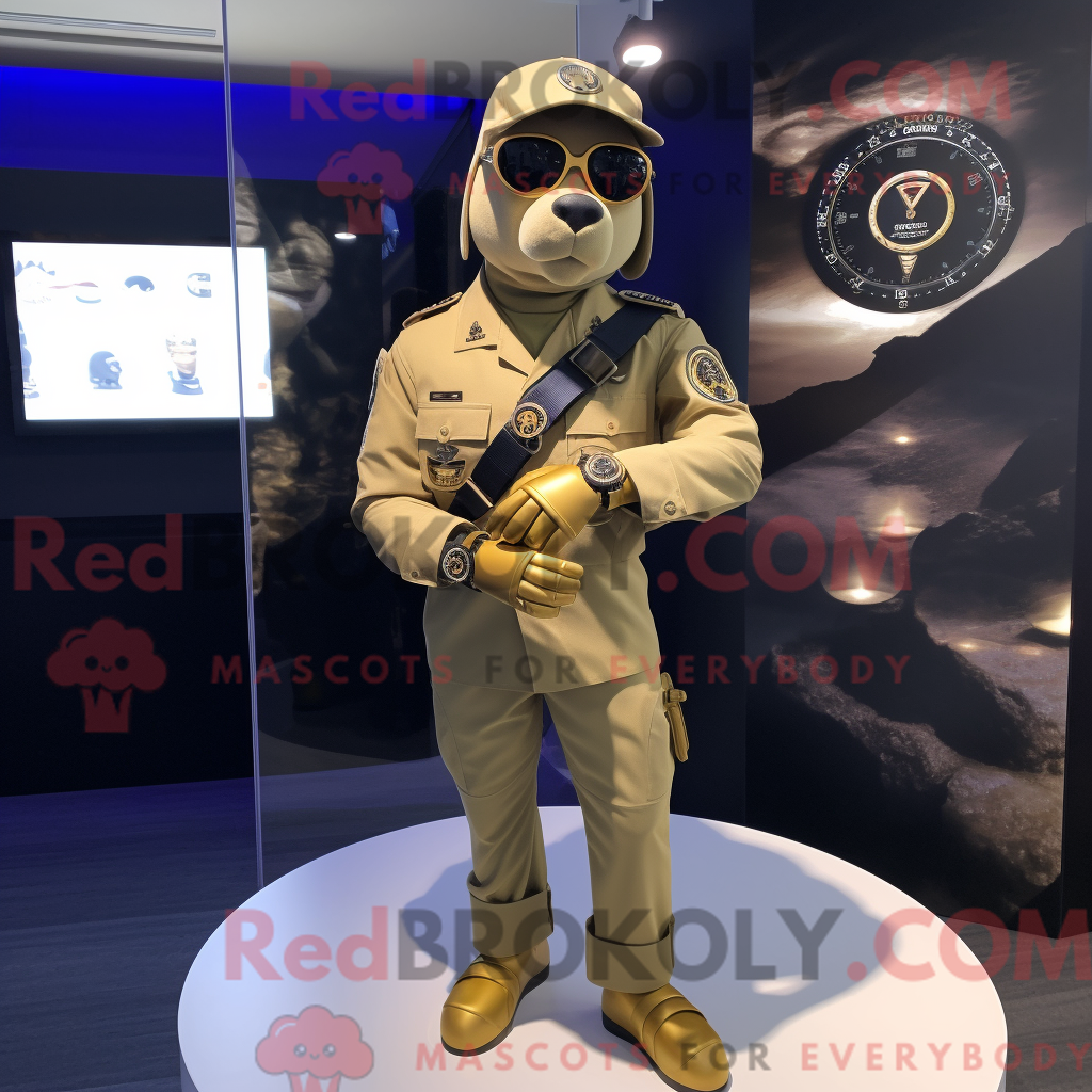 Gold Navy Seal REDBROKOLY mascot costume character dressed with a Dress ...