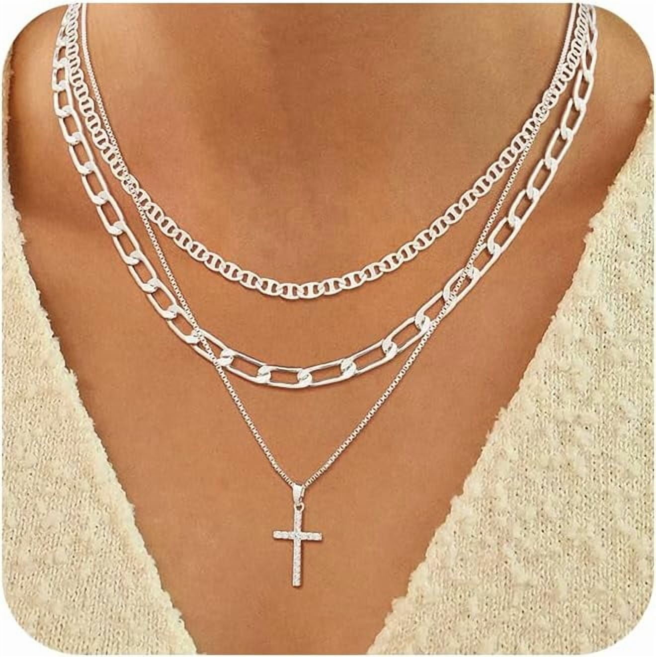 Gold Necklace for Women 14K Gold/Silver Plated Layered Necklaces Stackable Layering Cross ...