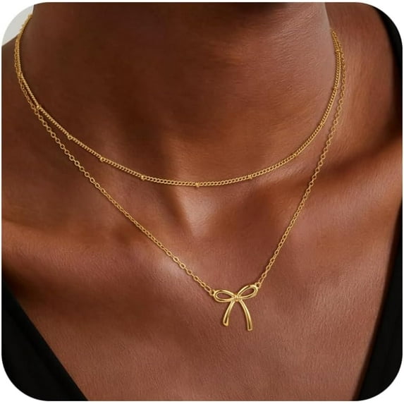 Gold Necklace for Women Dainty Gold Bow Necklace 14K Gold Plated Cute ...