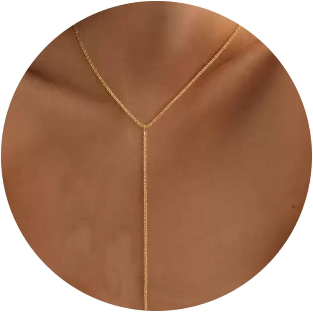 Gold Necklace for Women - Dainty Y-Shaped Long Necklace 14k Gold Plated ...