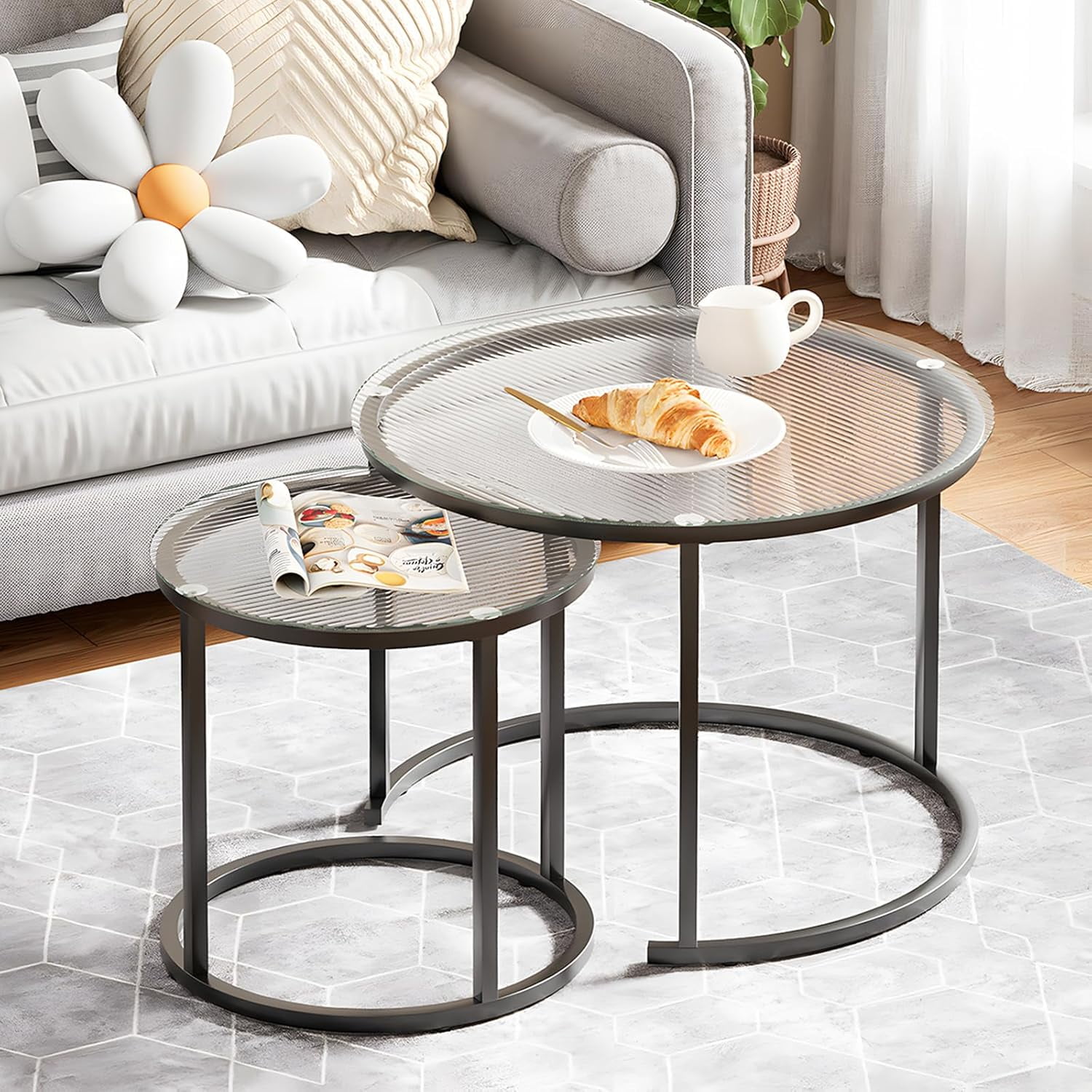 Gold Nesting Coffee Table Set of 2, Small Glass Round Nesting Tables ...