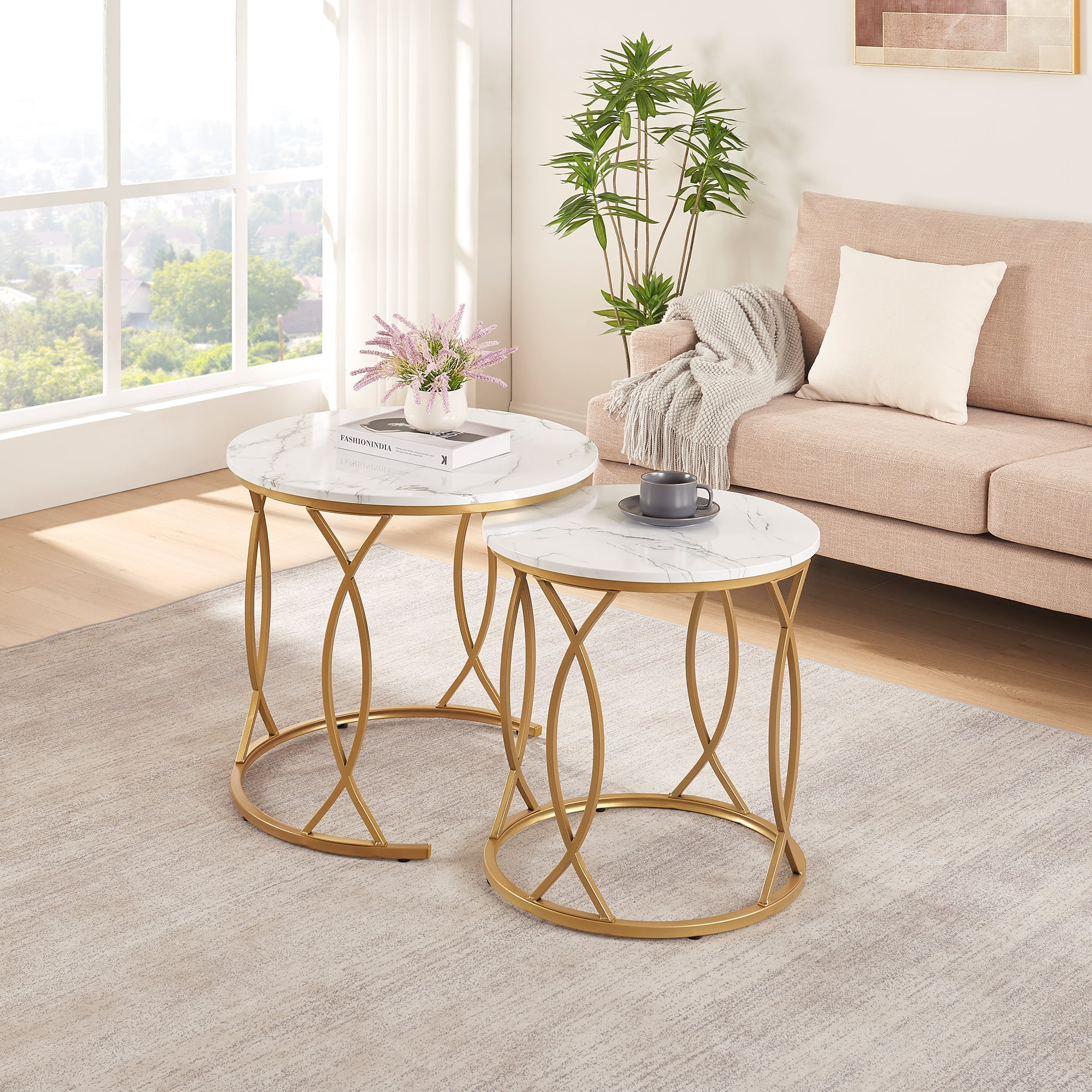 Gold Nesting Coffee Table Set of 2, Round Coffee Tables for Living Room ...