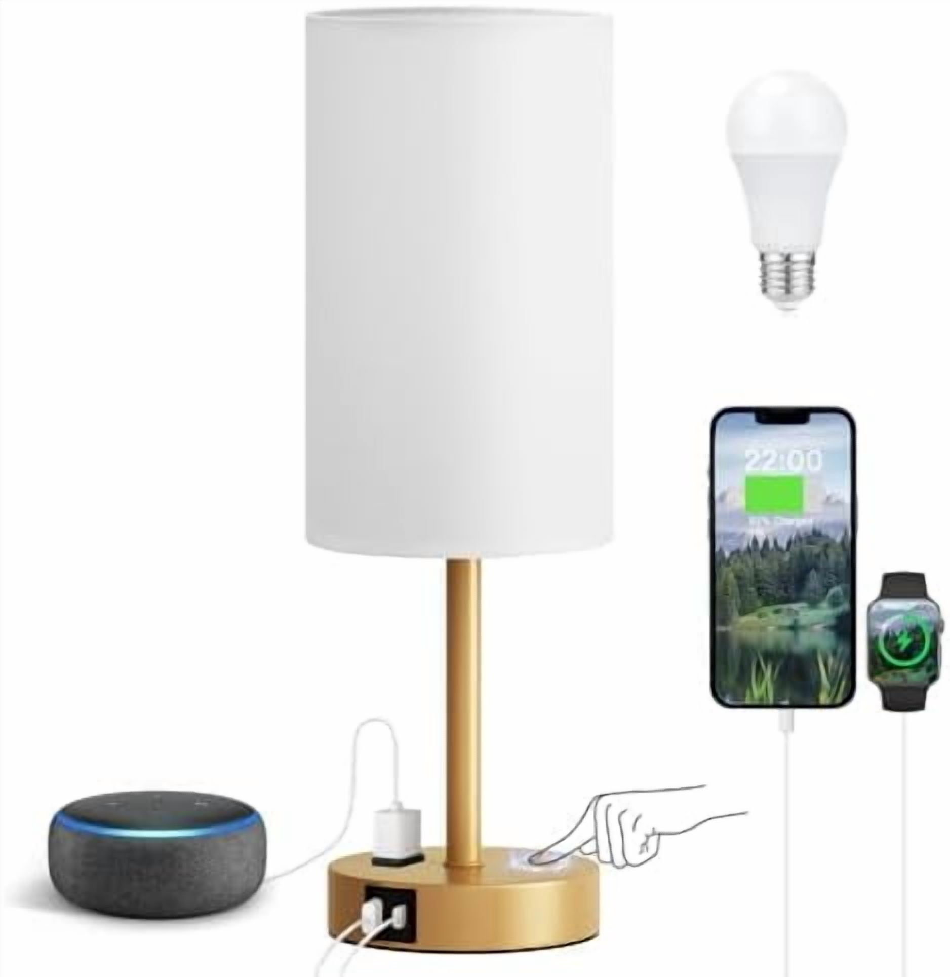 Gold Nightstand Bedroom Lamp - 3 Way Dimmable Bedside Lamp USB C A ...
