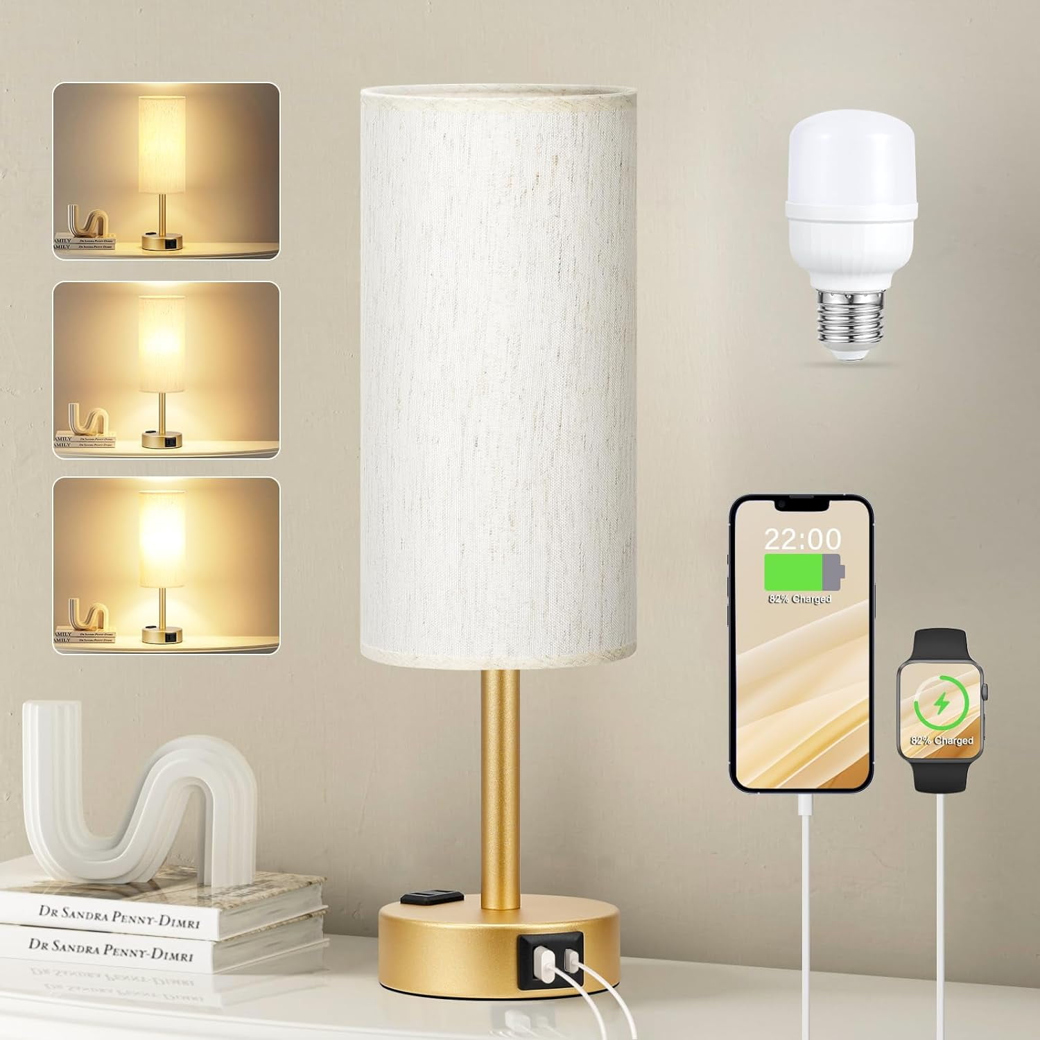 Gold Nightstand Bedroom Lamp - 3 Way Dimmable Bedside Lamp USB C A ...