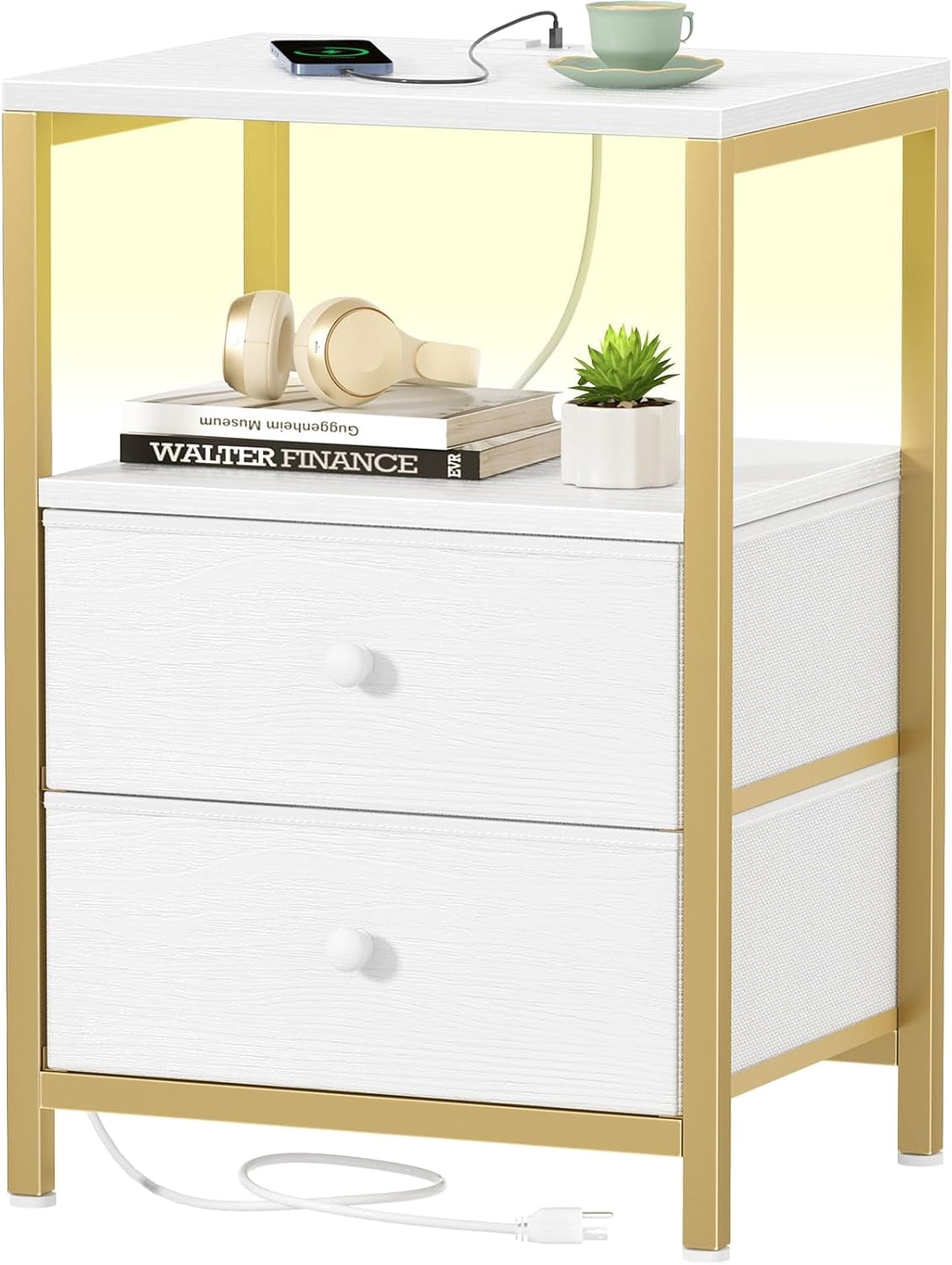 Gold Nightstand with Charging Station, LED Night Stand with 2 Fabric ...