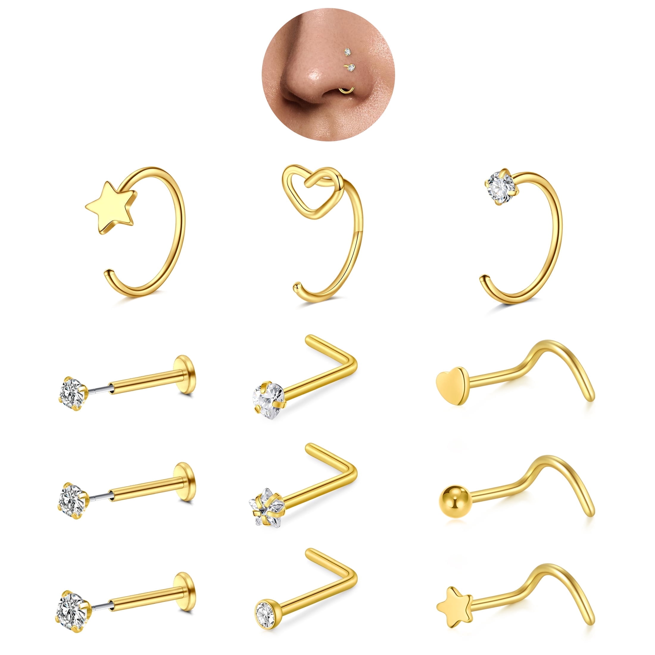 Gold Nose Rings for Women - 14K Gold Filled Hypoallergenic Surgical ...