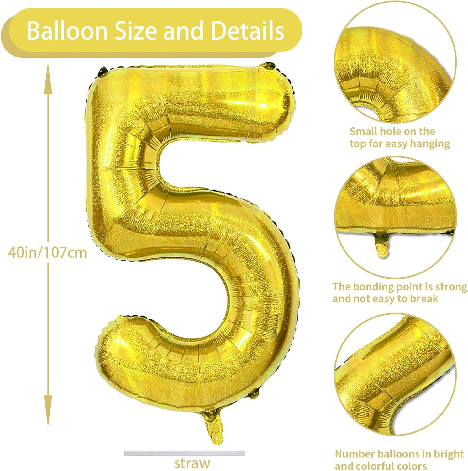 Gold Number 5 Balloons, 5Th Birthday Balloon, 40Inch Laser Shiny Gold 5 ...