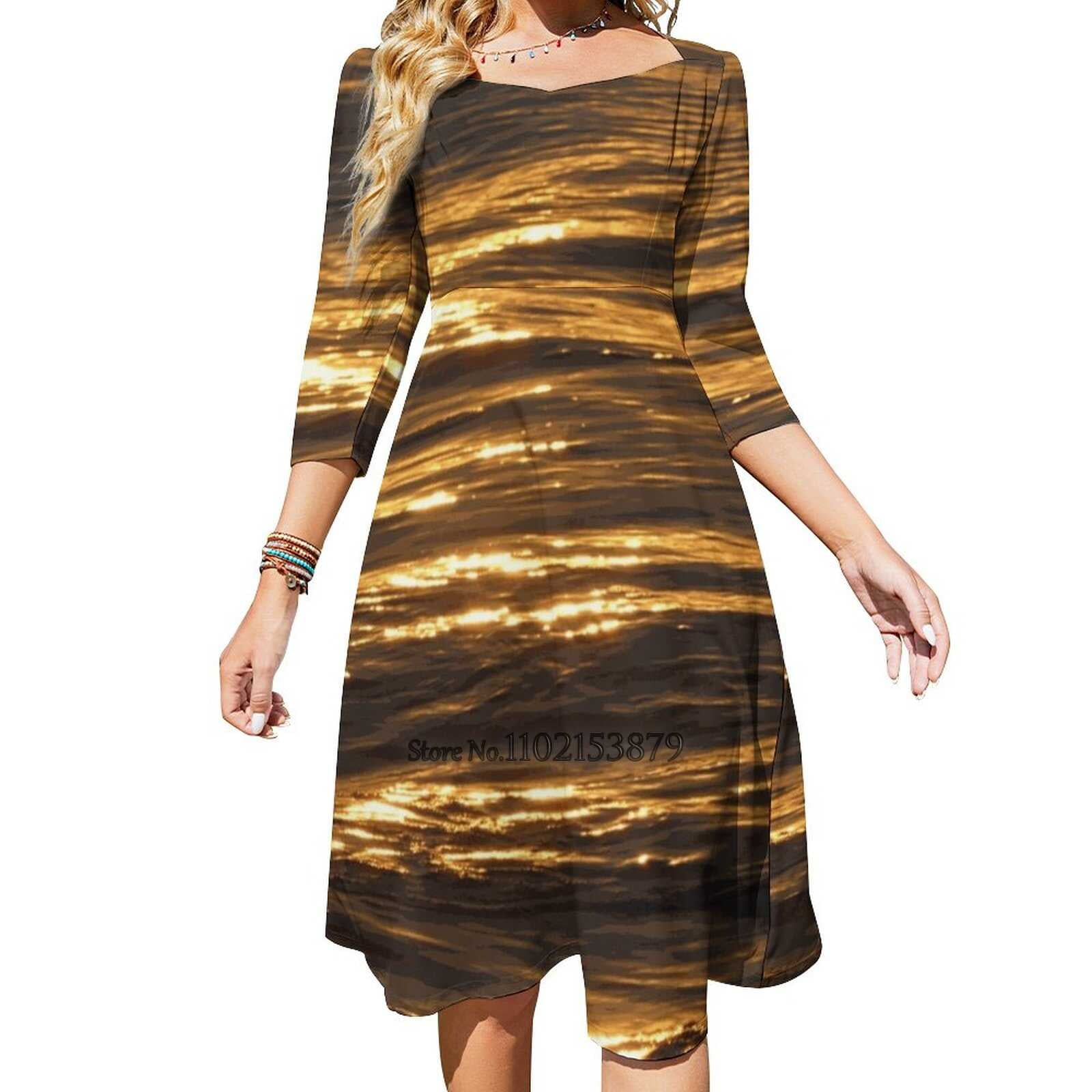 Gold Ocean At Sunset Square Neck Dress Summer Dress Women Elegant ...