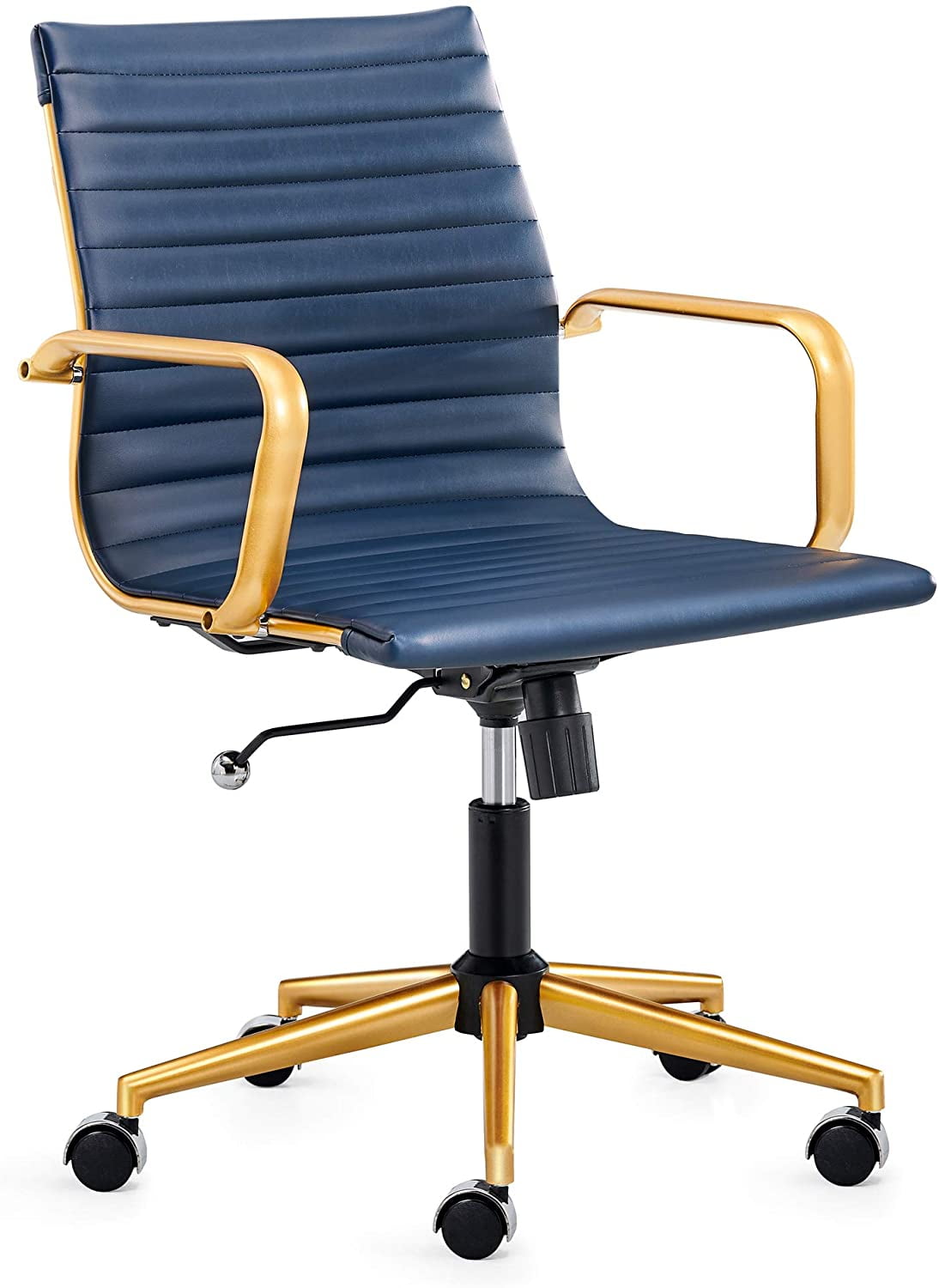 Gold Office Chair in Blue Leather, Mid Back Office Chair with Armrest ...