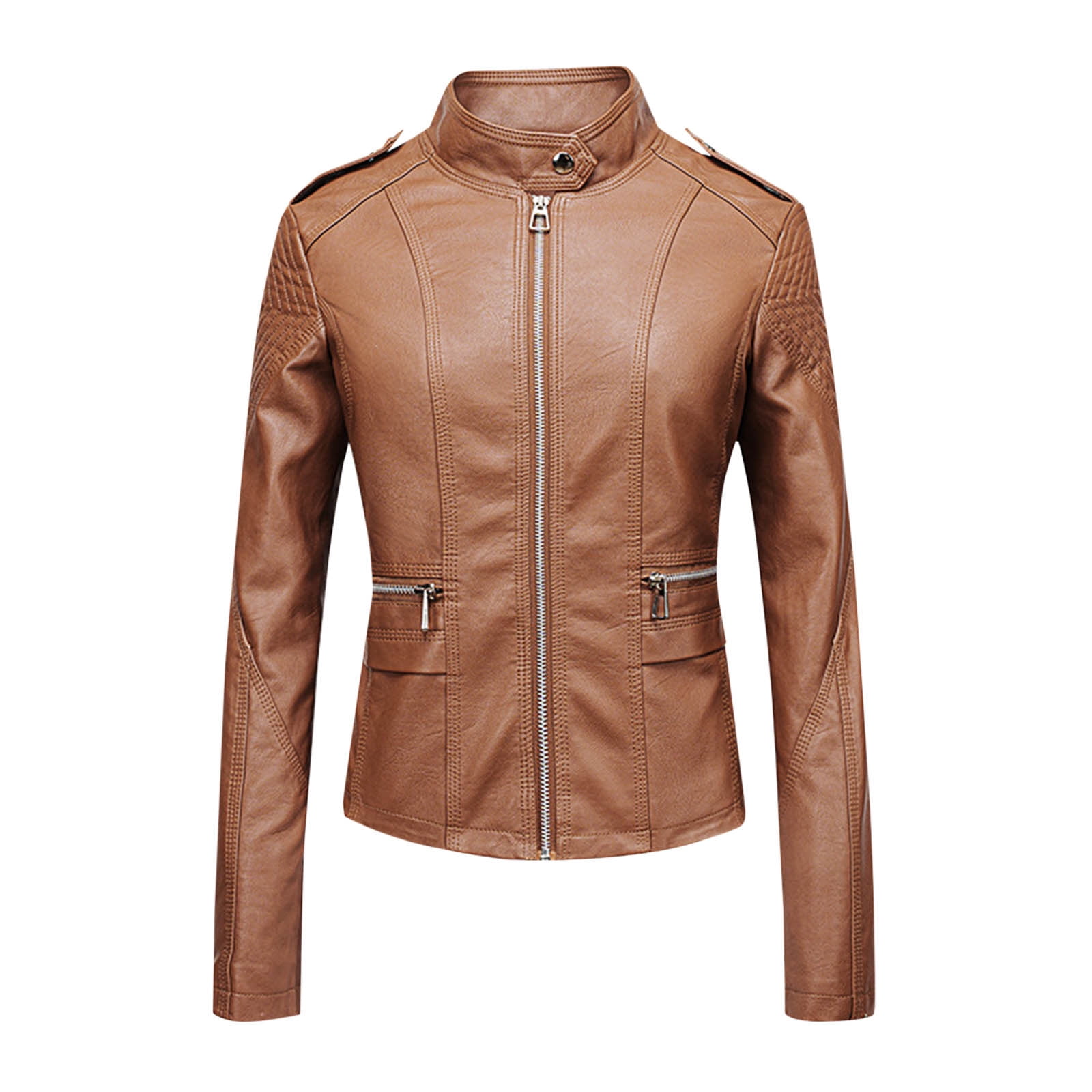 Gold Outfit for Women Fall Winter Long Sleeve Collared Neck Faux Leather Motorcycle Plain ...