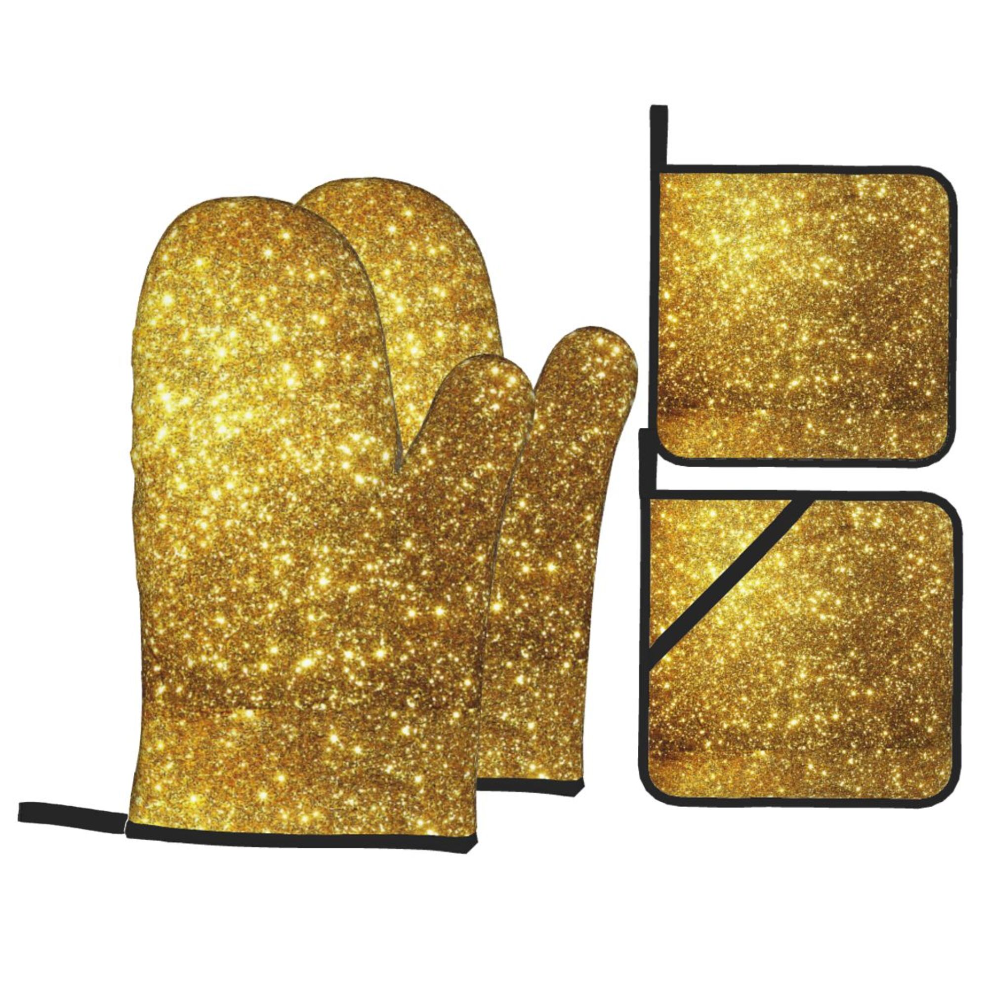 Gold Oven Mitts Pot Holders Set Non-Slip Cooking Kitchen Gloves ...