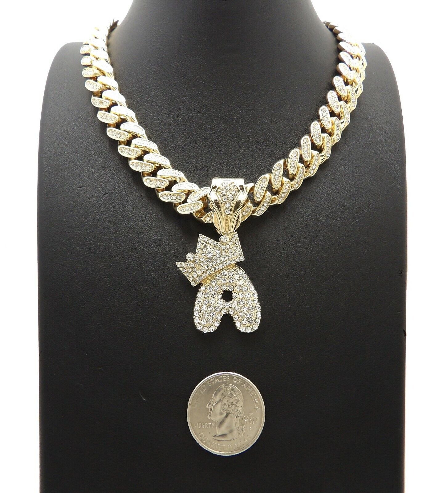 Gold PT Bubble Alphabet A Pendant & 16" ~ 24" Iced Cuban Box Lock Chain ...