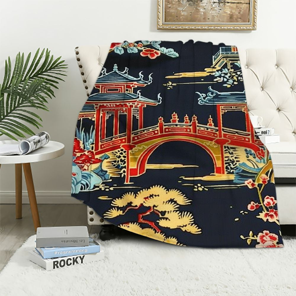 Gold Pagoda and Flower Asian Style Bed Blankets Chinoiserie Charcoal ...