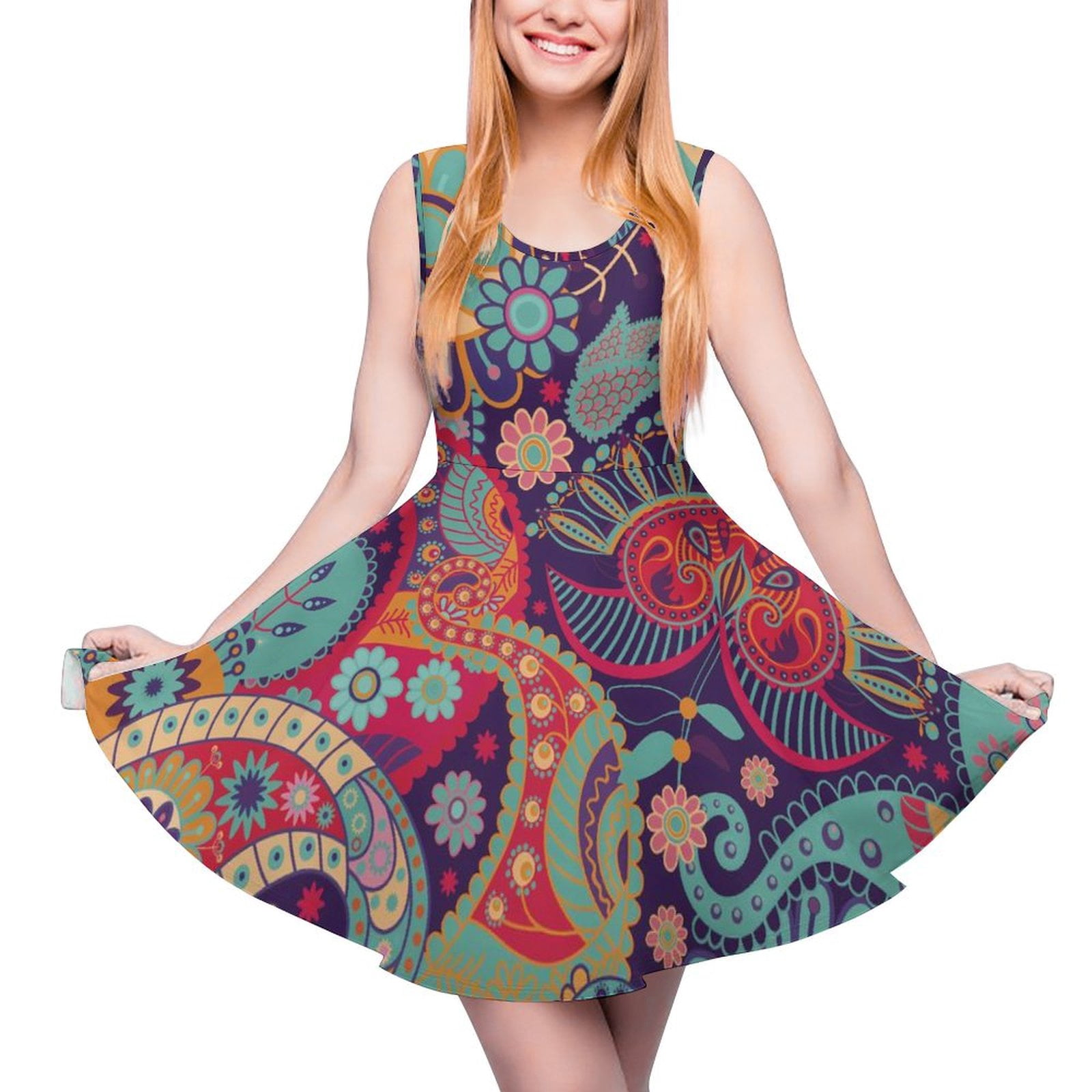 Gold Paisley Dress High Waist Swirl Chain Print Korean Fashion Dresses ...