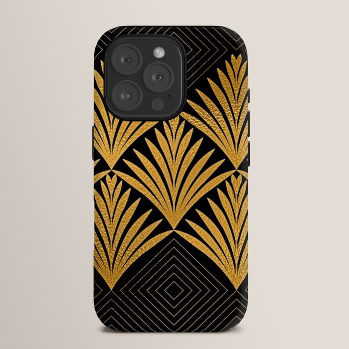 Gold Palm Fronds and Black Geometric Lines Tough Case for Apple iPhone ...