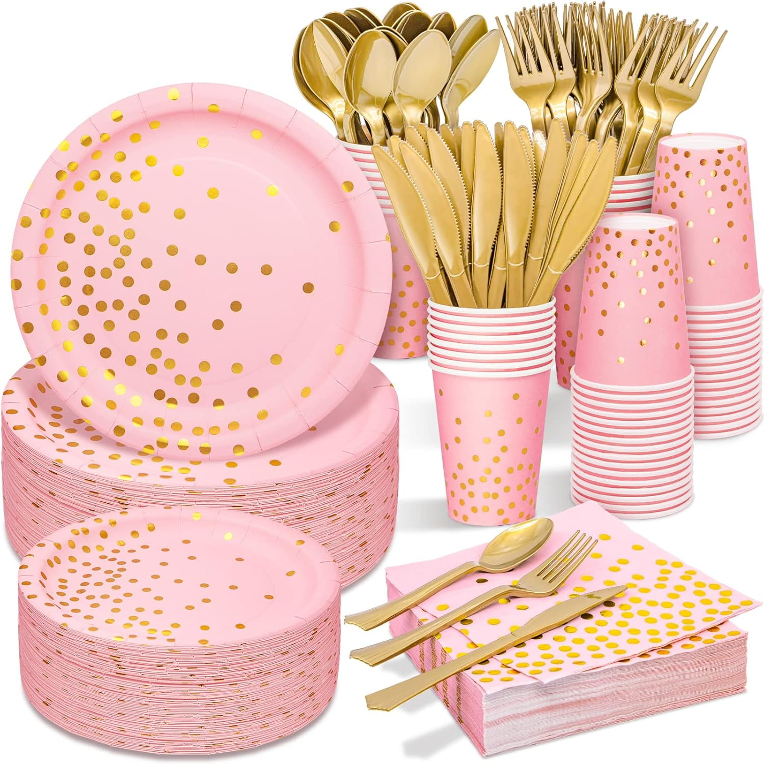 & Gold Party S plies 350 PCS Disposable Dinnerware Set, Pink Paper ...