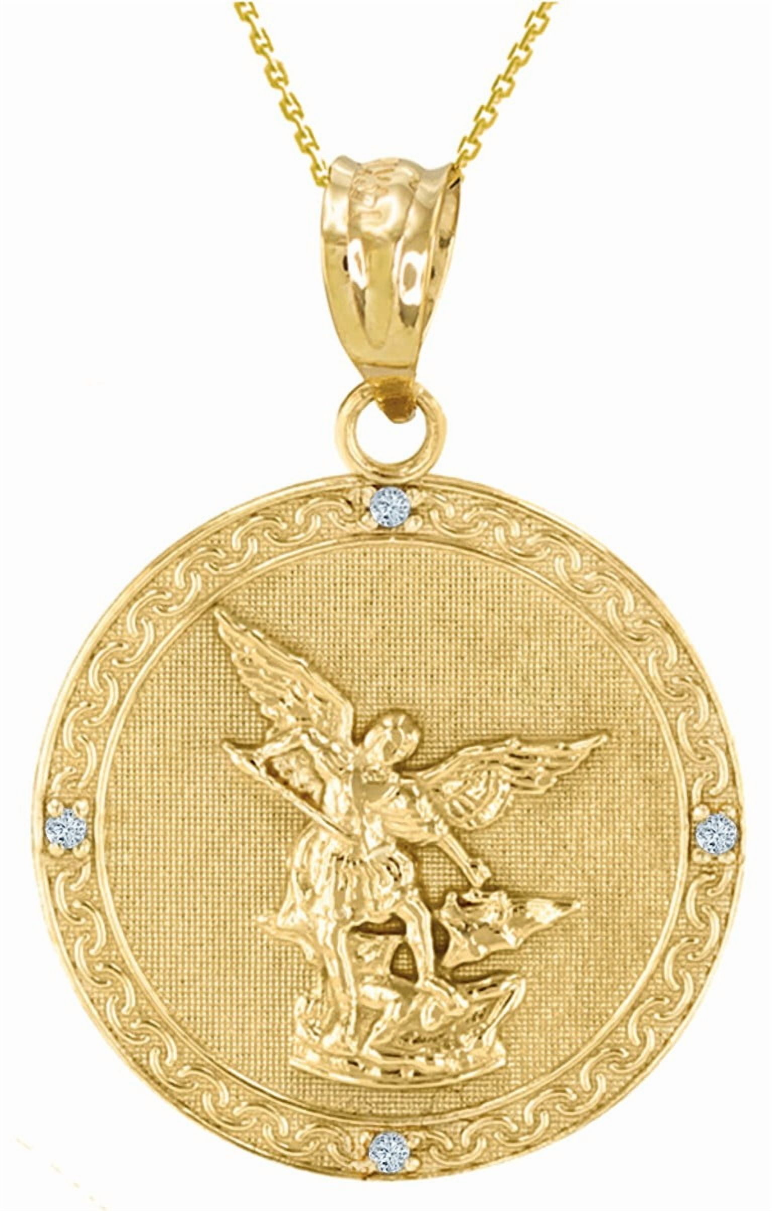 Gold Patron Saint Michael Archangel Diamond Medallion Pendant Necklace ...