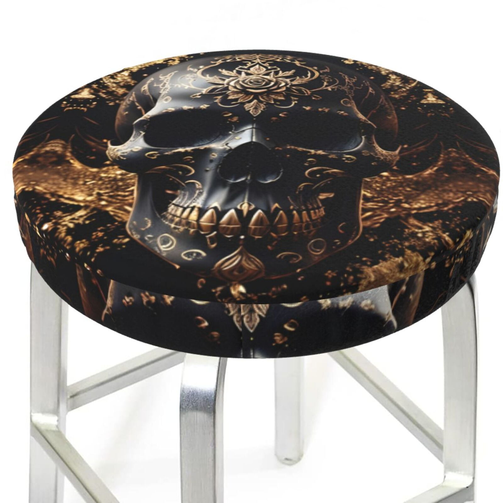 Gold Pattern Black Skull Bar Stool Covers Round - Washable Round Seat ...