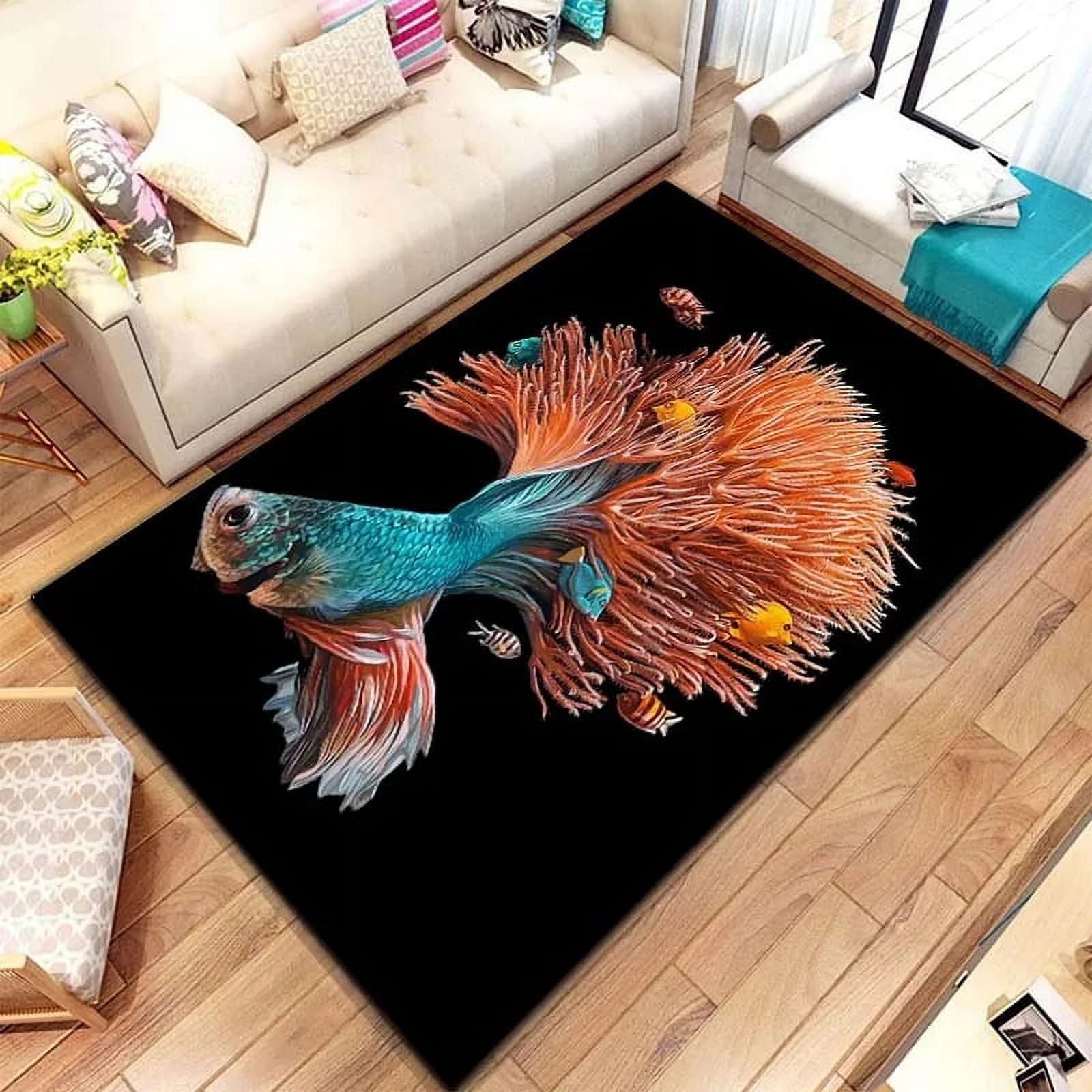 Gold Pattern Carpet Blue Fish Print Area Rug Suitable for Living Room ...