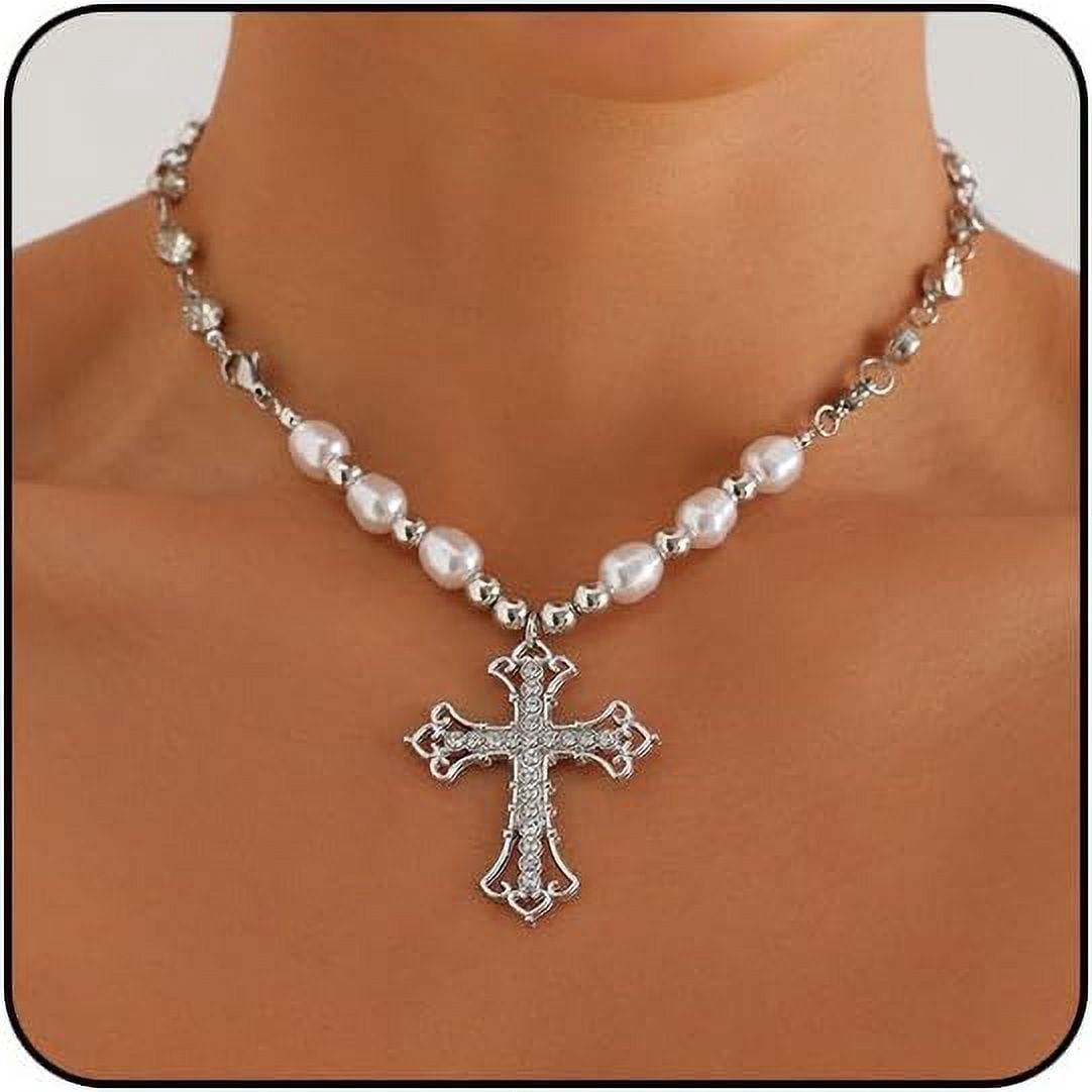 Gold Pearl Cross Necklace For Women Silver Large Cross Necklace Chunky ...
