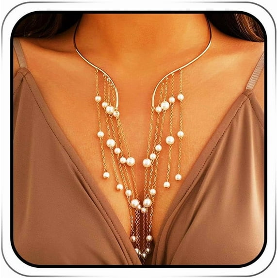 Gold Pearl Long Necklace Layered Tassel Dainty Beads Open Collar ...