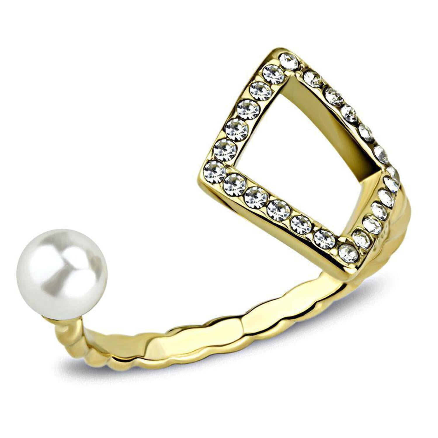 Gold Pearl Womens Ring Arrow 316L Stainless Steel Anillo Perla Flecha Color Oro Para Mujer Acero ...