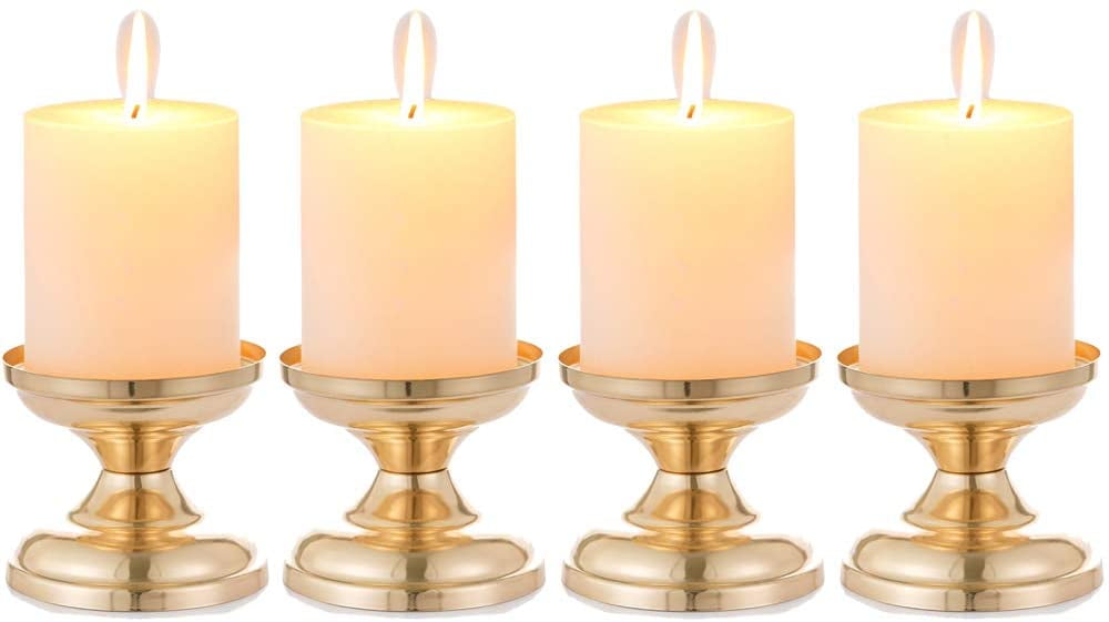 Gold Pillar Candle Holder: 4 Pcs Pedestal Stands Small Round Metal ...