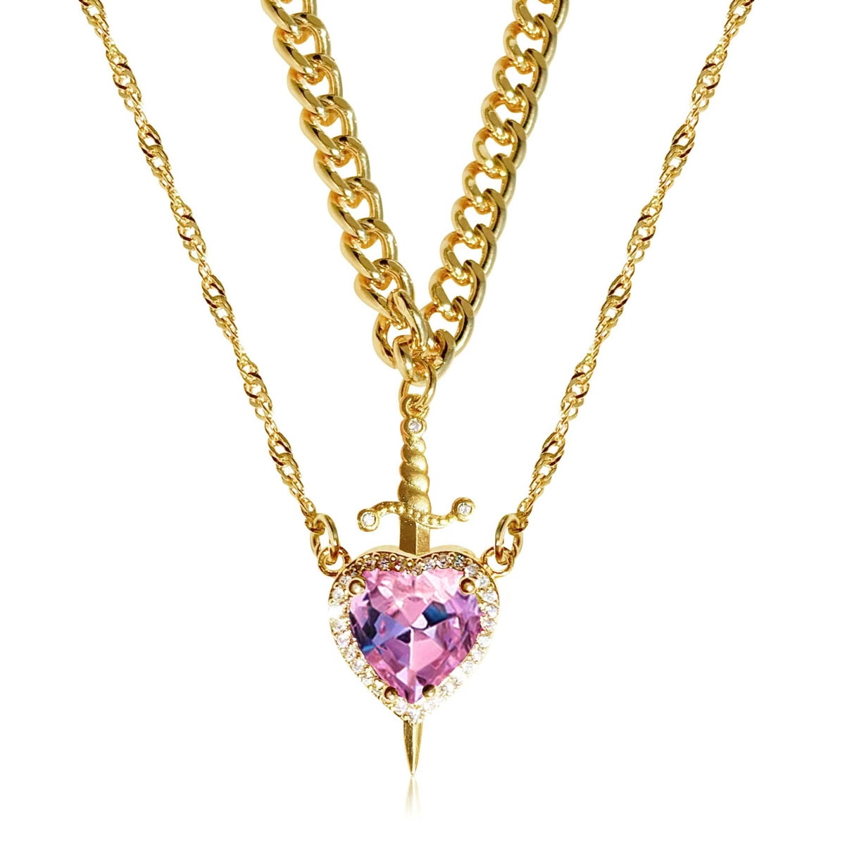 Gold Pink Heart Chain Fashion Pair Sword Through Heart Necklace Set ...