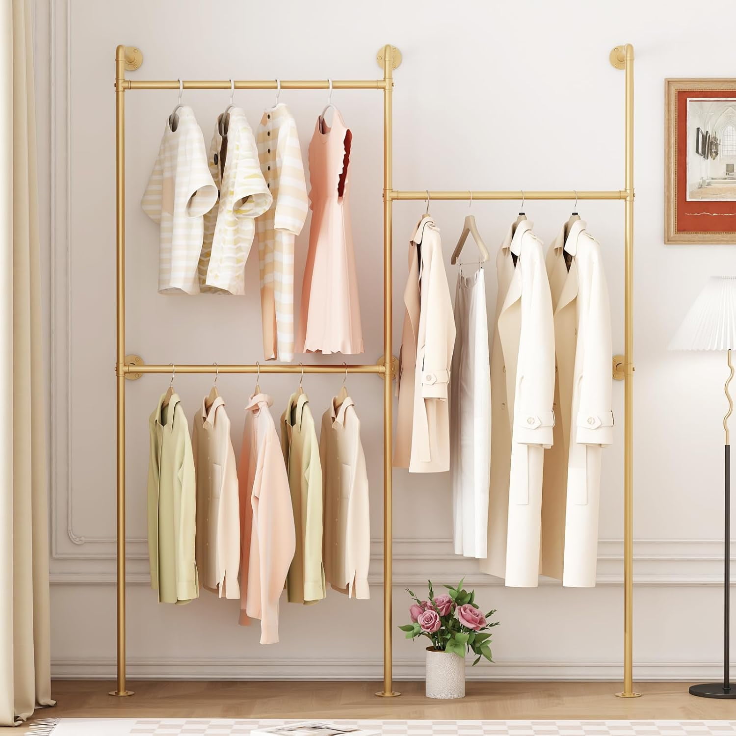 Gold Pipe Clothing Rack Wall Mount, Industrial Pipe Clothes Rack with 3 ...