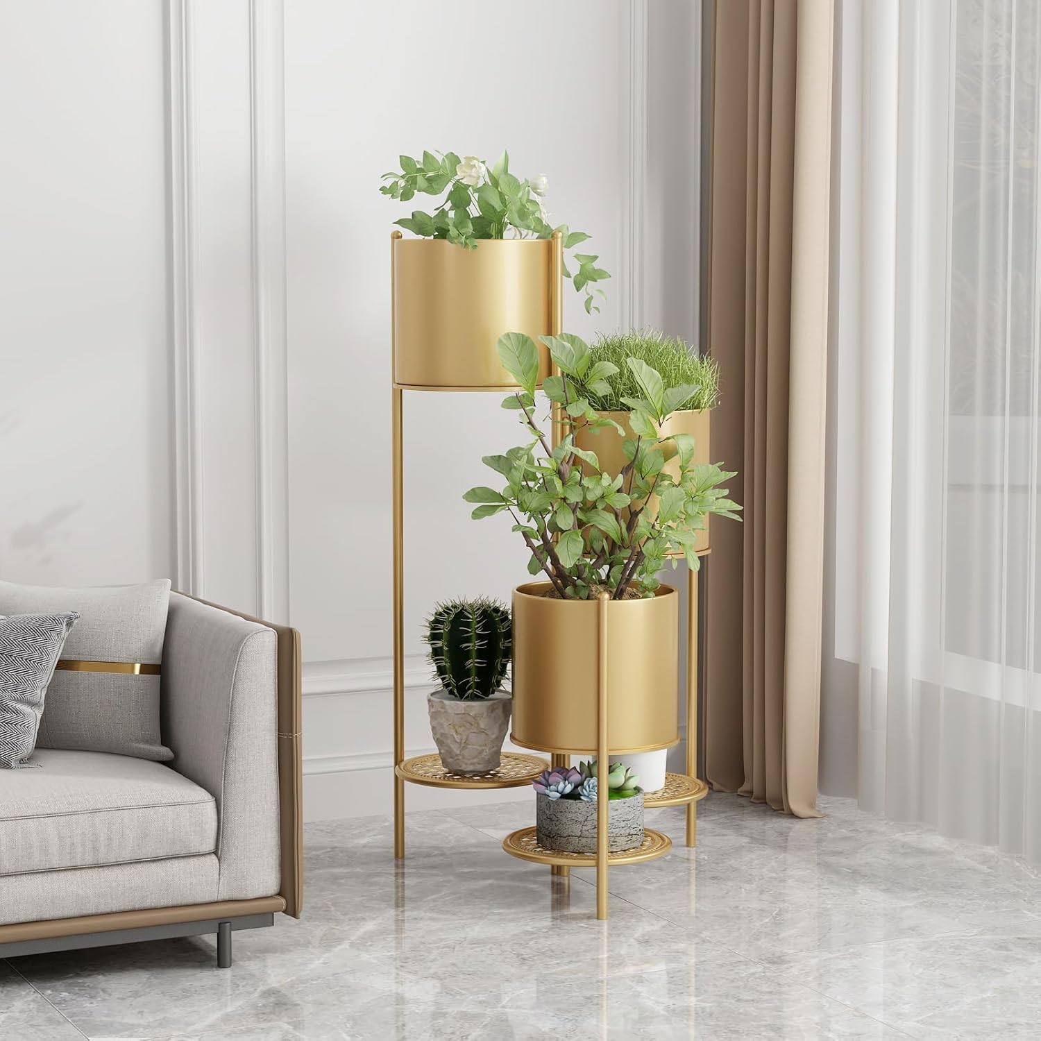 Gold Planters for Indoor Plants 3 Built-in Metal Plant Pots & 3-Tier ...